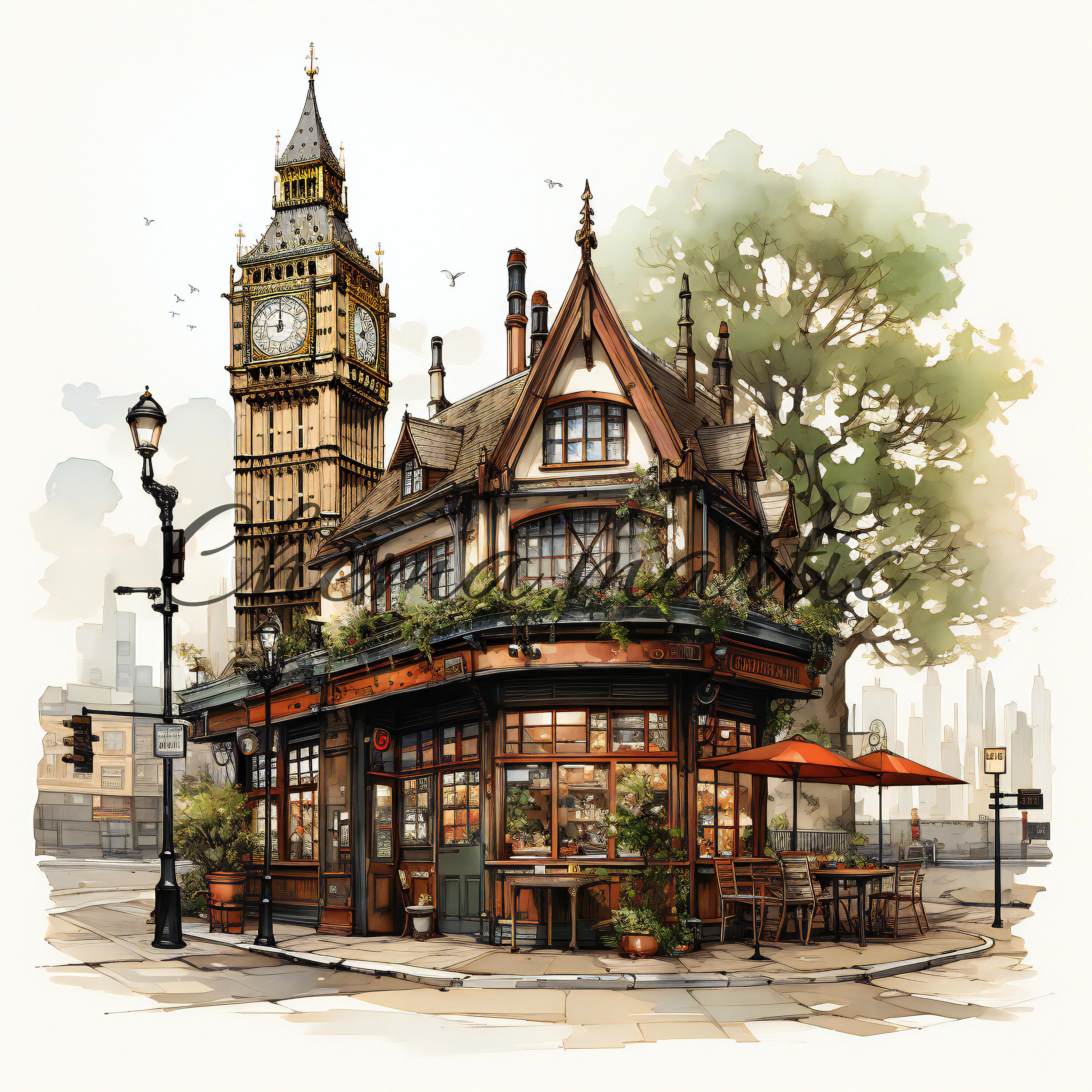 Pack 10 Fictional London Cafes Images, Clipart, Watercolor, Digital ...