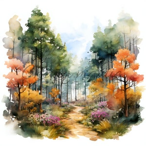 Pack 10 Watercolor Images Forests With Flowers and Paths, Clipart ...