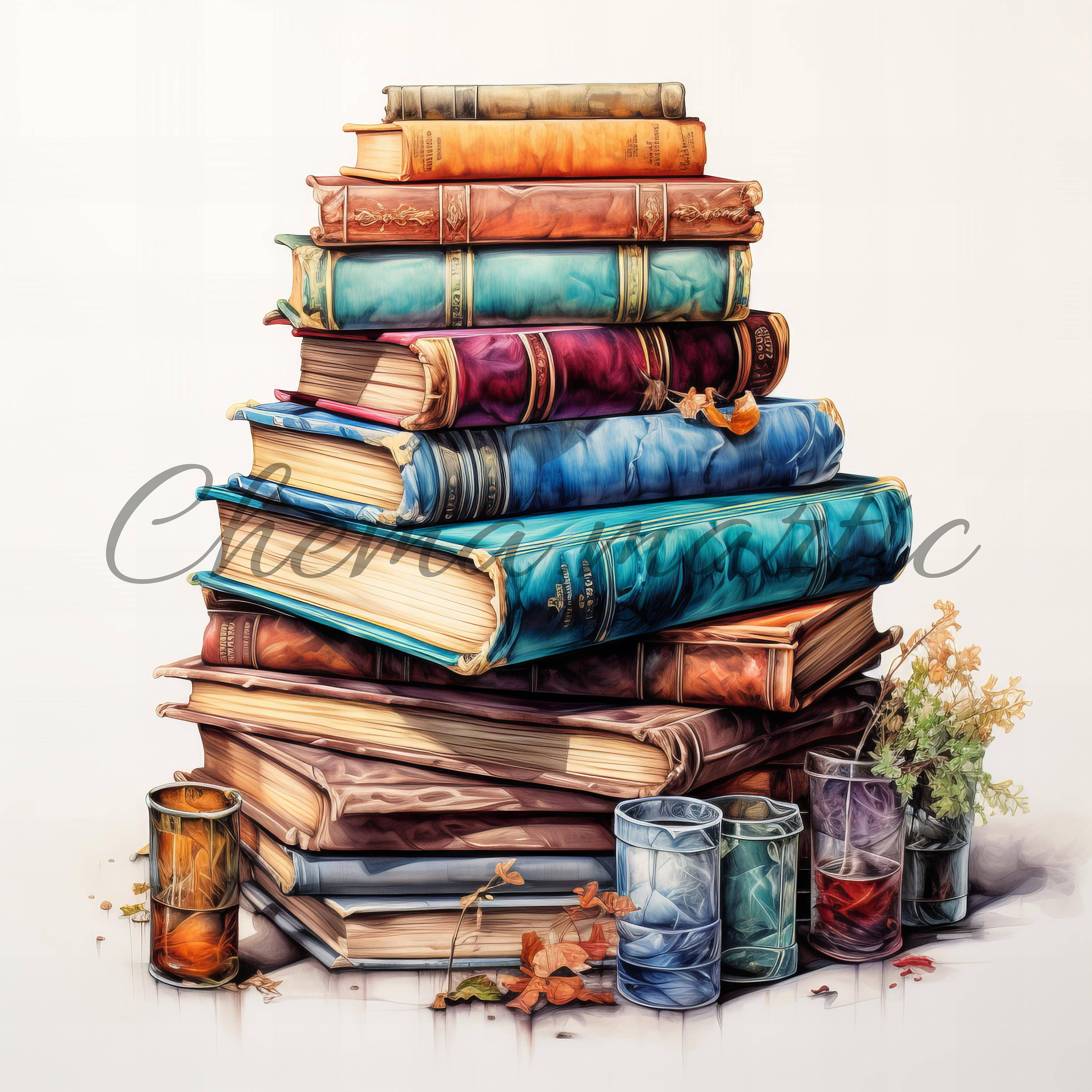 Pack 10 Stacked Books Artistic Painting Images, Clipart, Digital ...