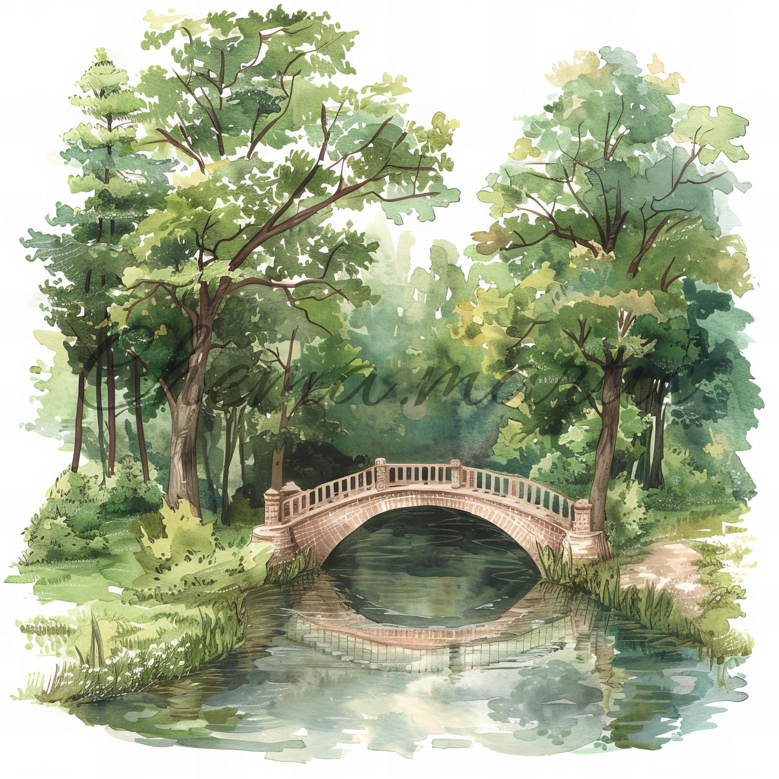 Pack 10 Watercolor Park Bridge Painting Images, Clipart, 10 JPG HQ ...
