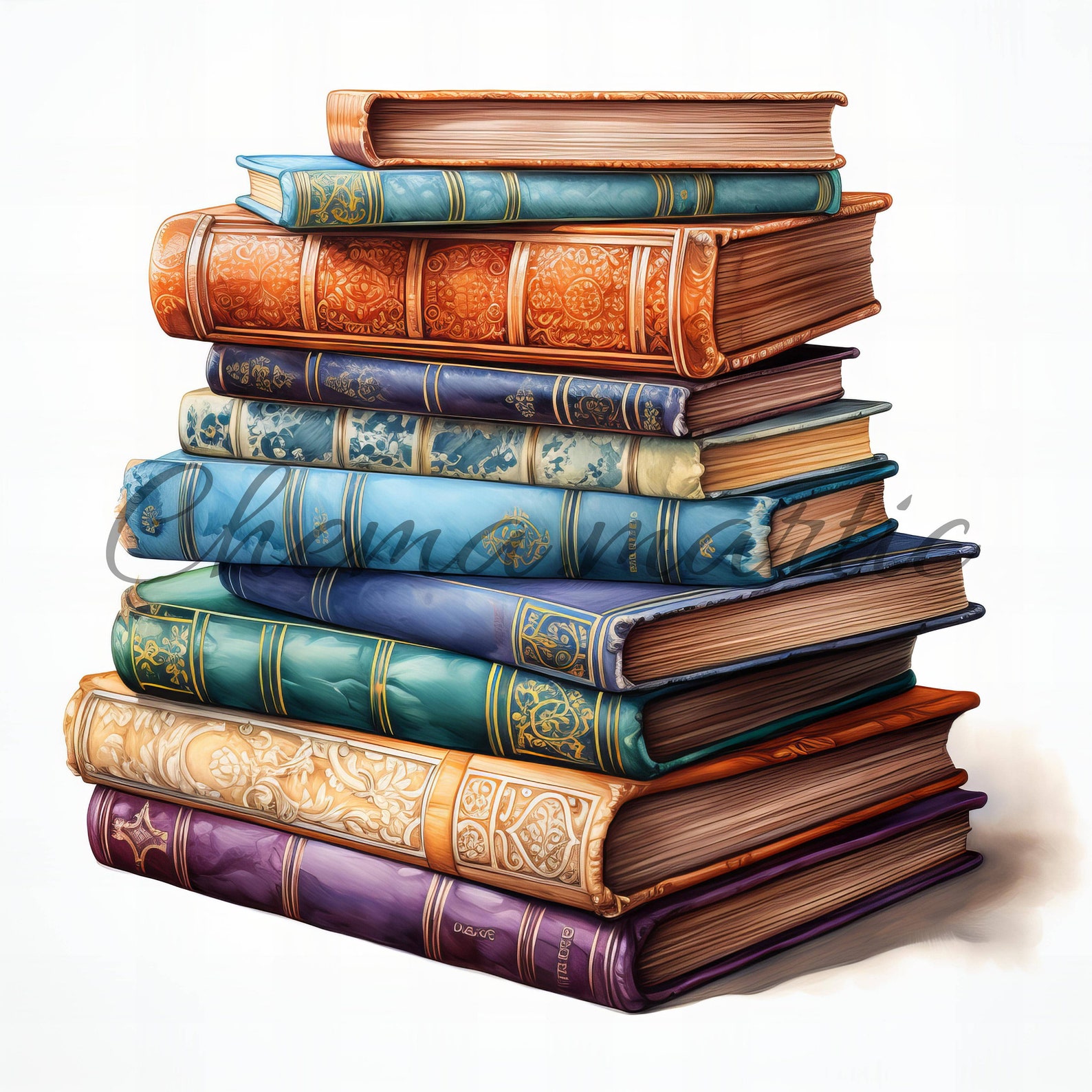 Pack 10 Stacked Books Artistic Painting Images, Clipart, Digital ...