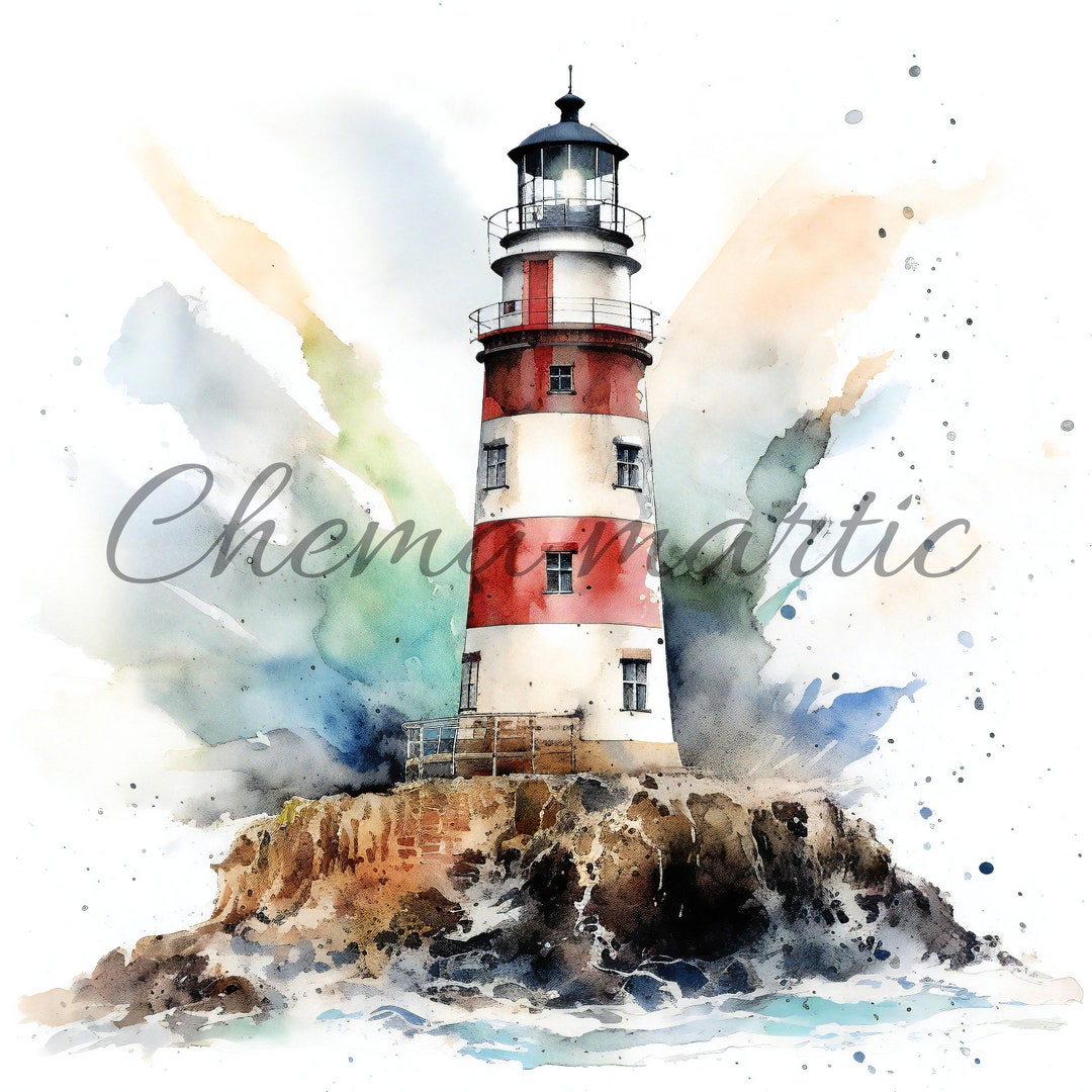 Pack 10 Lighthouses With Rough Seas Watercolor Painting Images, Clipart ...