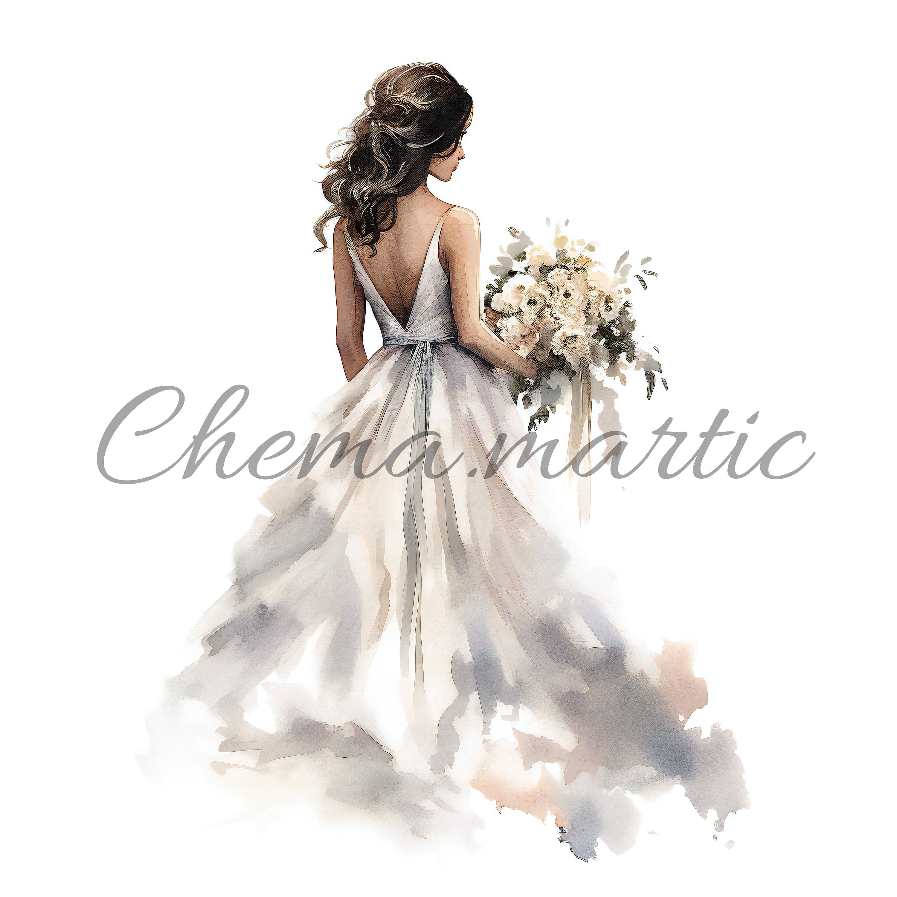 Pack 10 Bride With Bouquet Watercolor Painting Image, Clipart, Digital ...