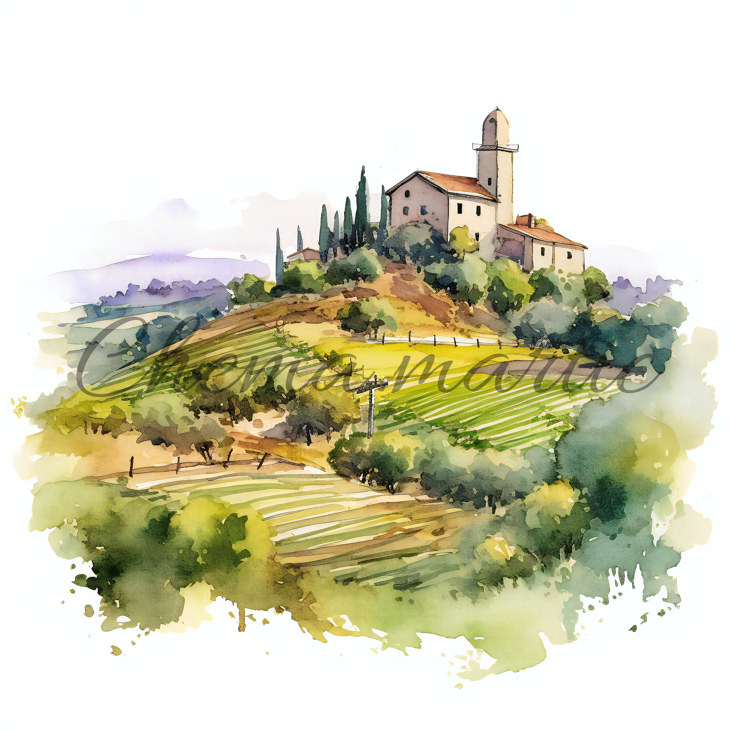 Pack 10 Tuscany Landscape Watercolor Paintings Images, Clipart, Digital ...
