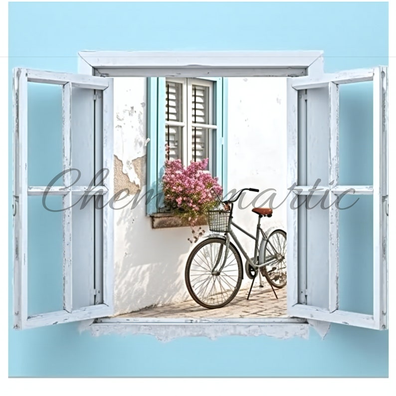 Pack 10 Bicycle Window Door and Flowers Watercolor Paintings, Digital ...