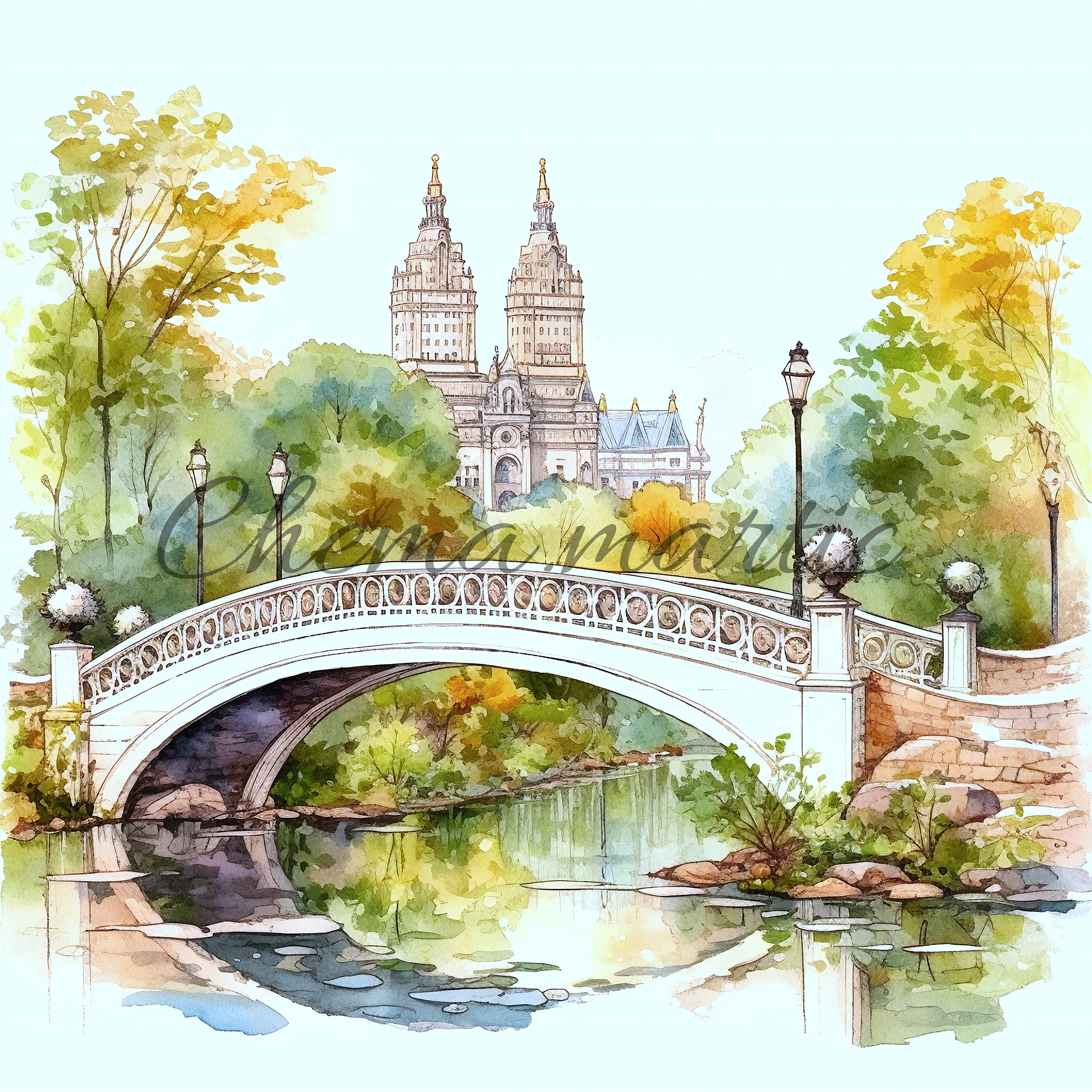 Pack 10 Central Park Bridge Paintings Images, Clipart, Digital Download ...