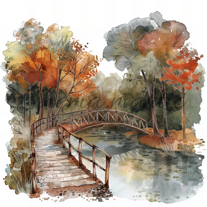 Pack 10 Watercolor Park Bridge Painting Images, Clipart, 10 JPG HQ ...