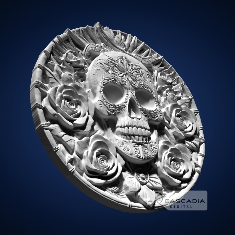 Calavera Skull Flowers Round 3D STL File for CNC Router, 3D Print ...