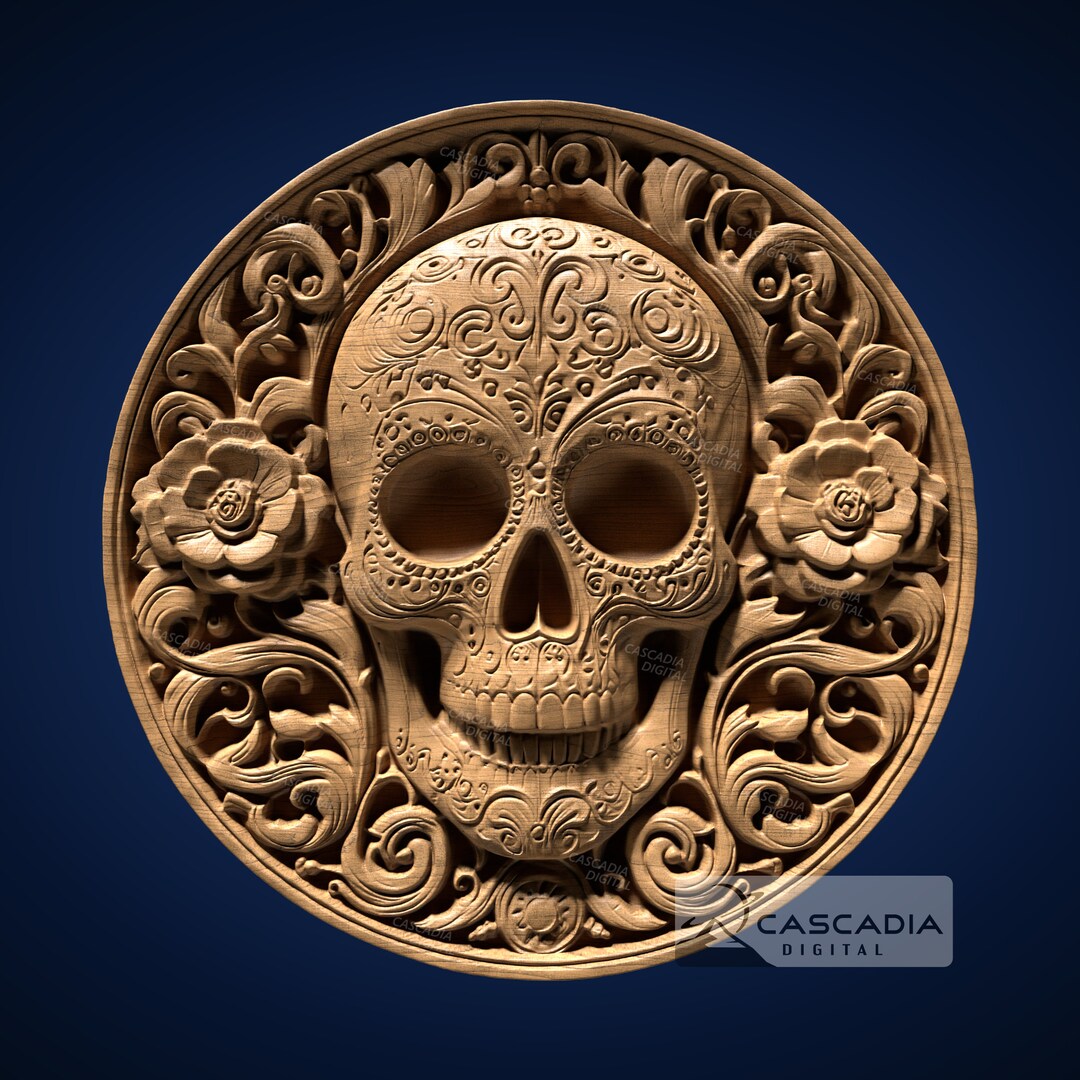 Calavera Skull Flowers Round 3D STL File for CNC Router, 3D Print ...