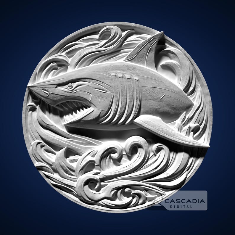 Shark Round 3D STL File for CNC Router, 3D Print, Casting, Wood Carving ...