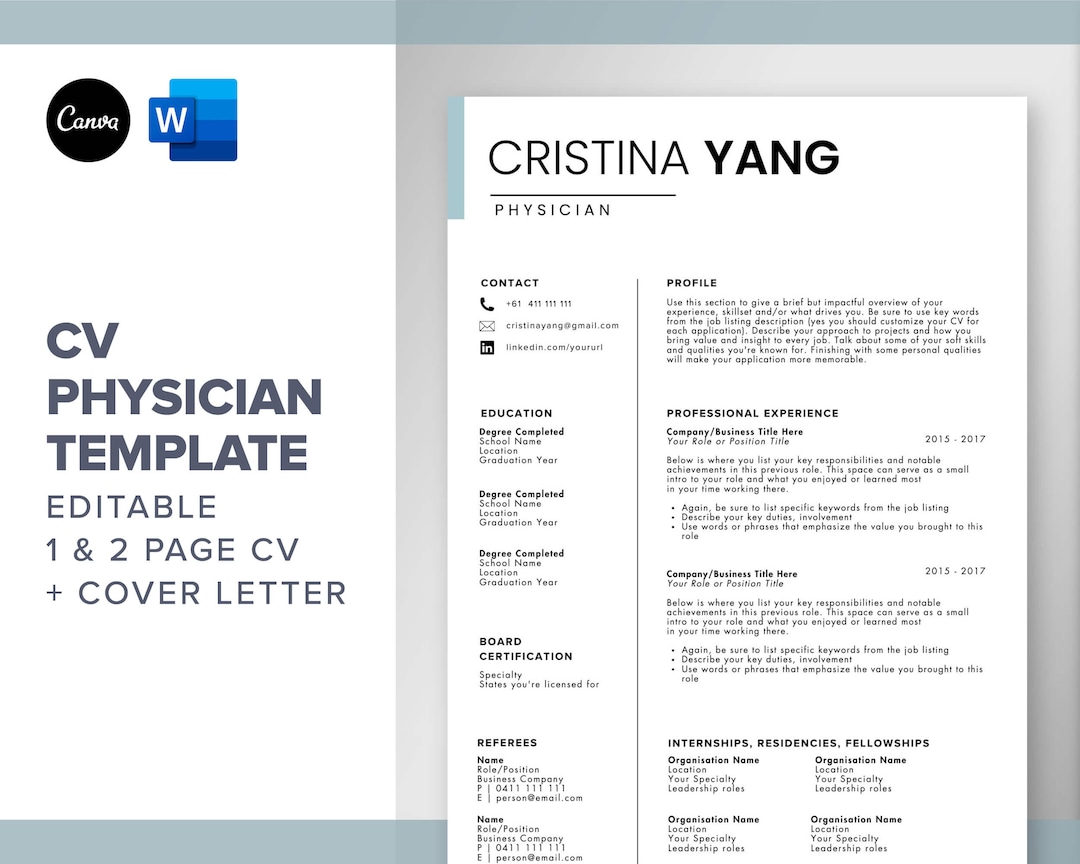 CV Template Physician, Editable Physician Resume Canva Word CV Resume ...