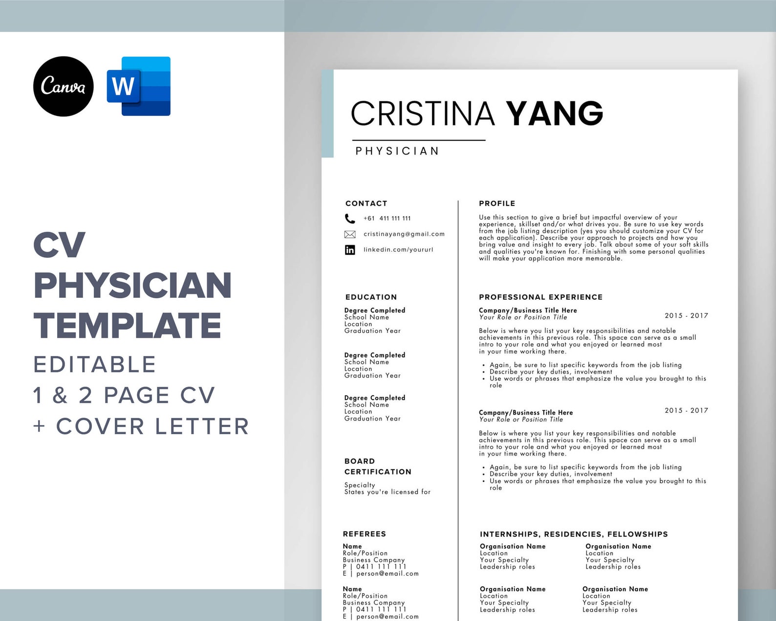 CV Template Physician, Editable Physician Resume Canva Word CV Resume ...