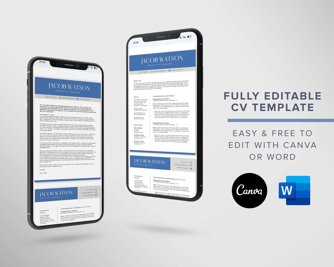 CV Template Engineer Resume Template Word Canva CV Resume - Etsy