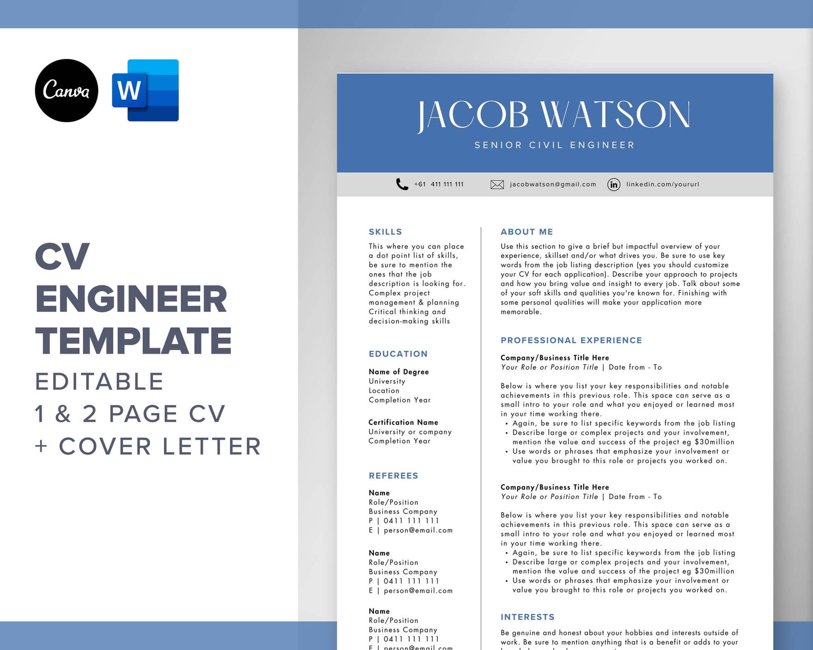 CV Template Engineer, Resume Template Word, Canva CV Resume Template ...