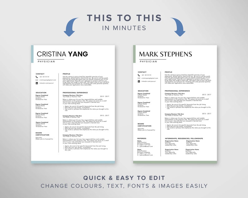 CV Template Physician, Editable Physician Resume Canva Word CV Resume ...