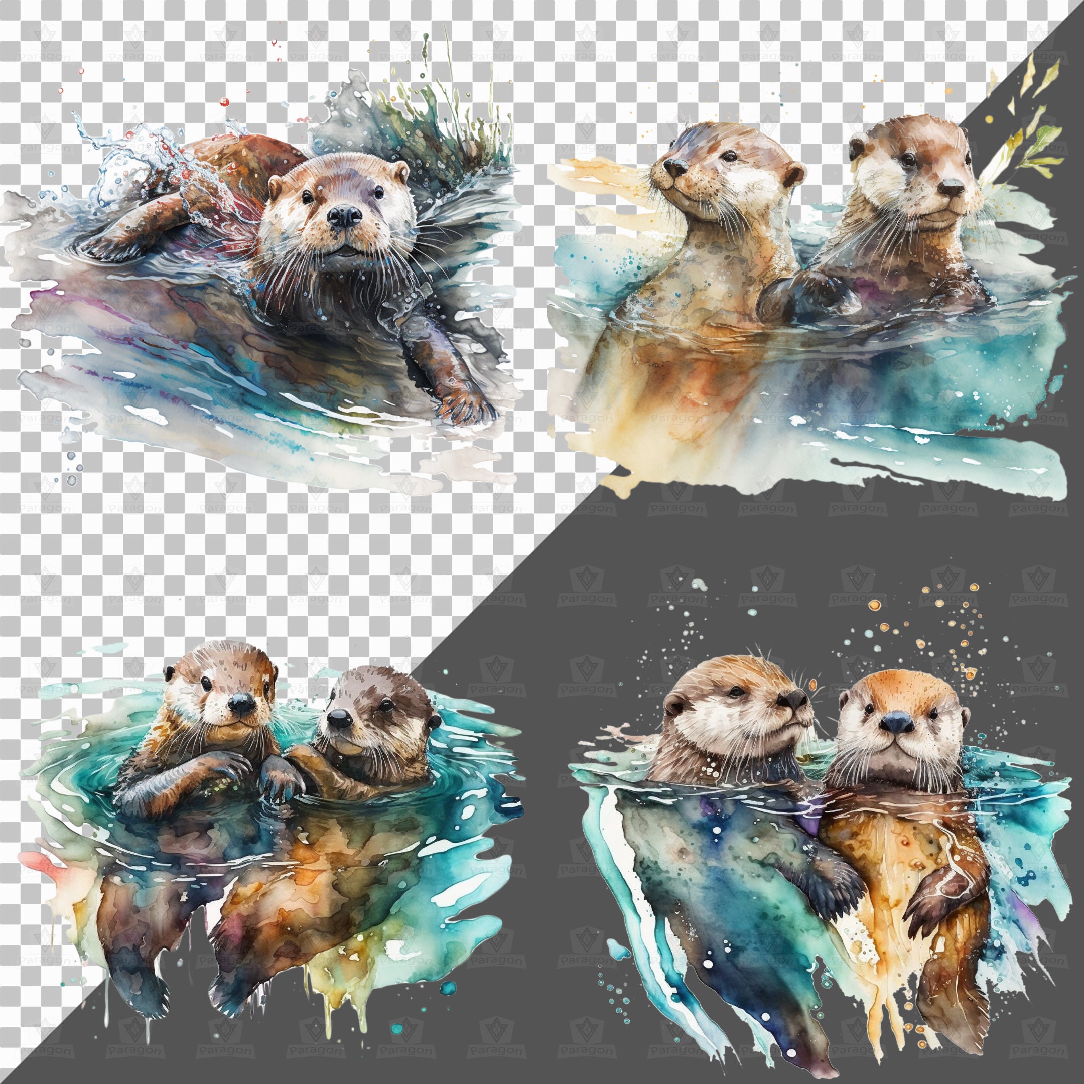 Watercolor of Cute Otters in the Water, 12 Transparent Clipart Pngs ...