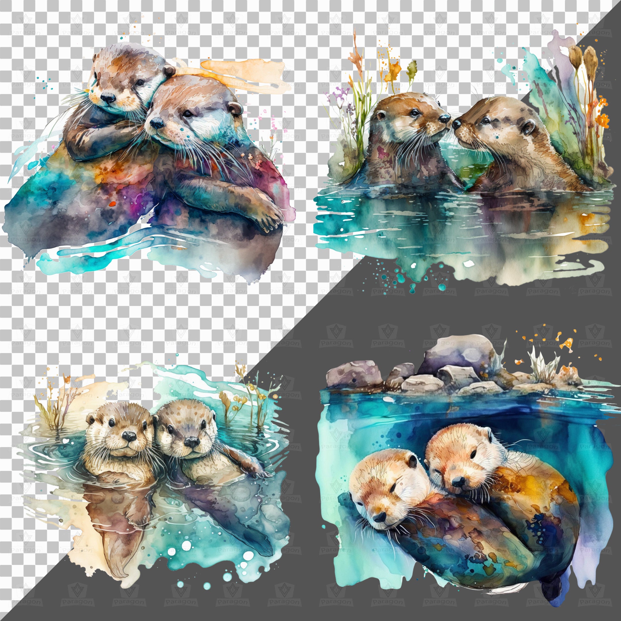 Watercolor of Cute Otters in the Water, 12 Transparent Clipart Pngs ...