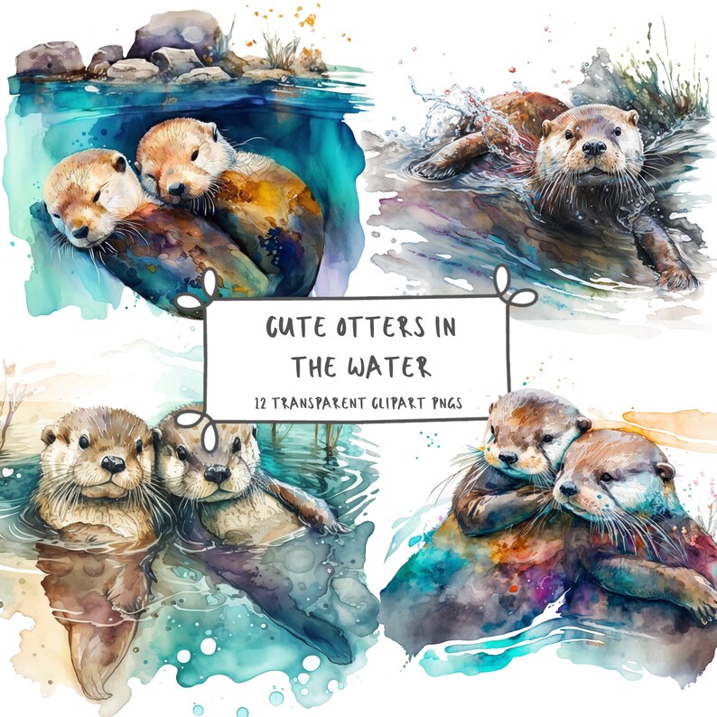 Watercolor of Cute Otters in the Water, 12 Transparent Clipart Pngs ...