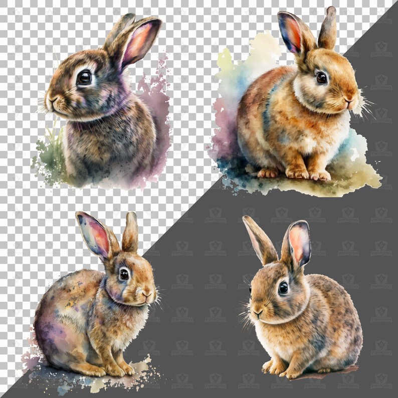Watercolor Cute Bunnies. 12 Transparent Clipart Pngs, Instant Digital ...