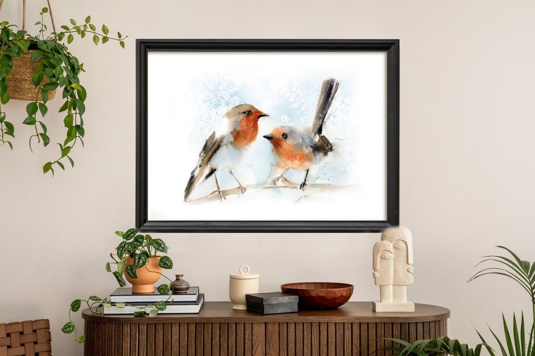 Two Robin Birds Painting, Bird Watercolor Print, Horizontal Canvas Wall ...