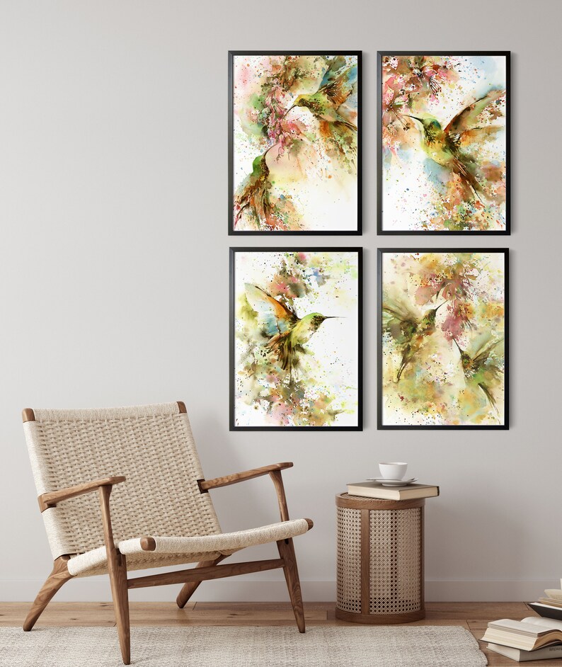 Hummingbird Gallery Wall Set of 4 Art Prints, Bird Watercolor Paintings ...