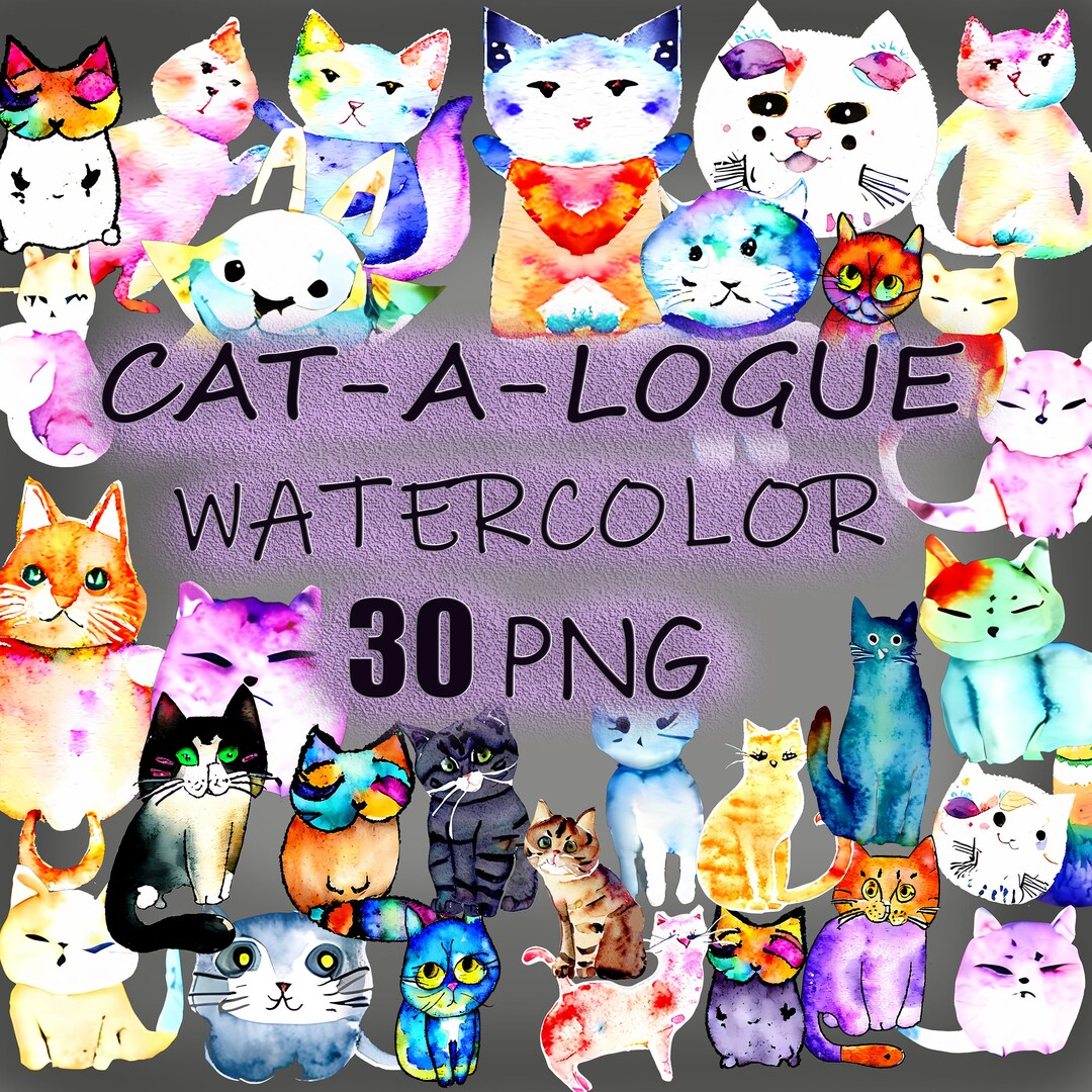 30 Watercolor Cute Cats Clipart PNG - Etsy