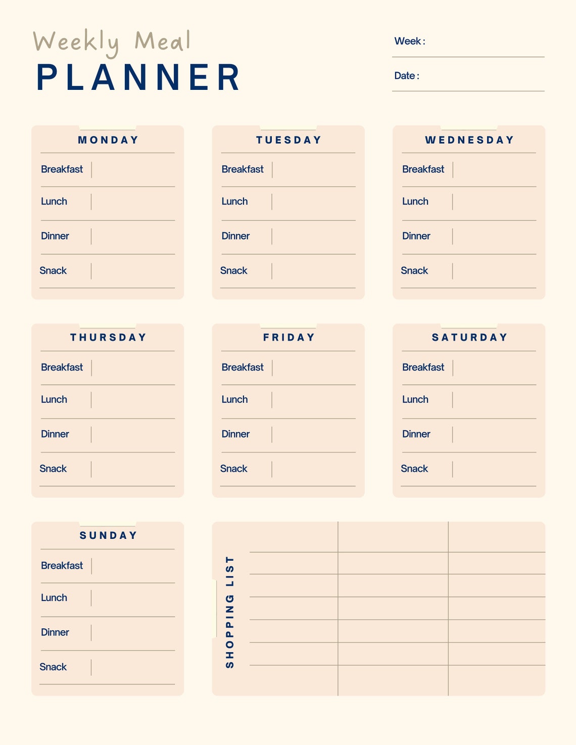 Printable Meal Planner With Shopping List - Etsy