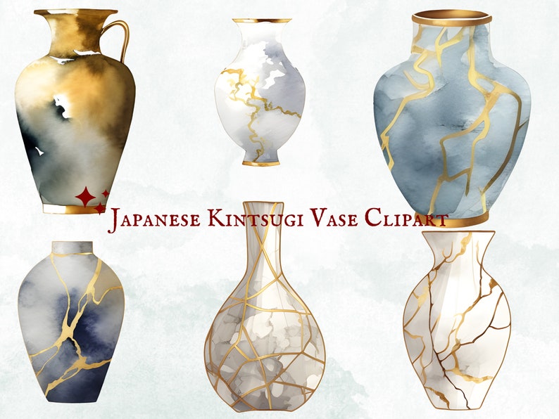 Japanese Kintsugi Vases Watercolor Clipart - 25 PNG Graphics - Instant Download - Commercial Use ...