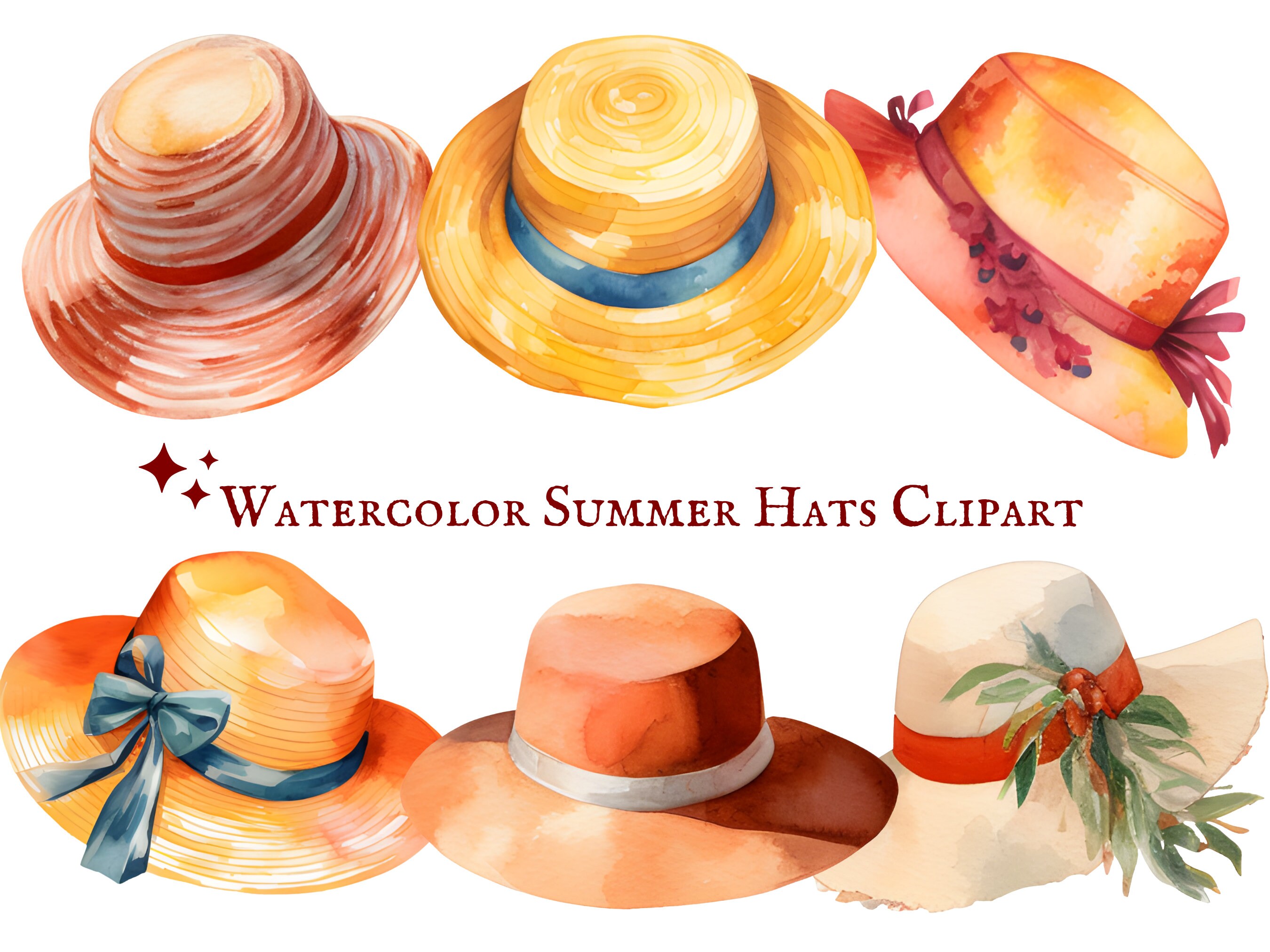 Watercolor Summer Hats Clipart - 24 PNG Images - Sun Hats - Hats ...