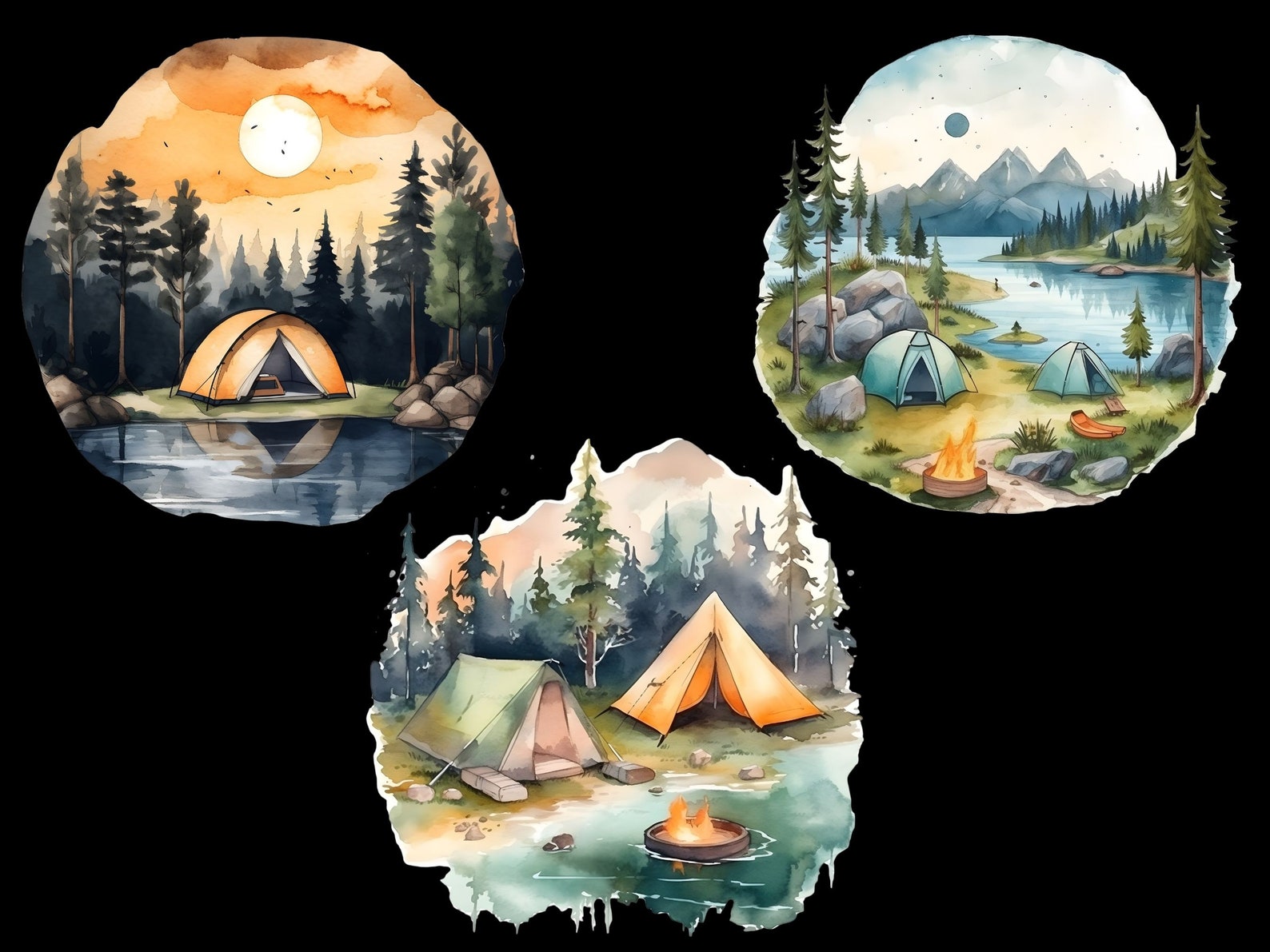 Watercolor Campsite Clipart - 18 PNG Graphics - Camping - Forrest ...