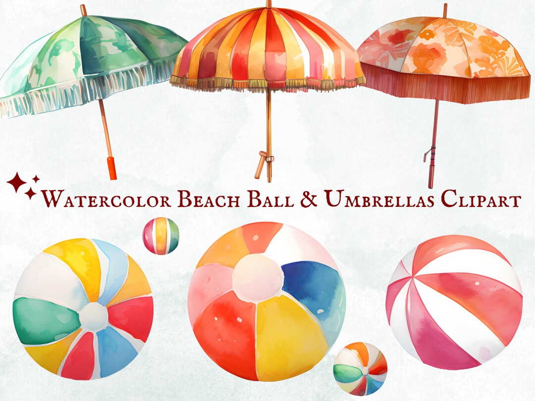Watercolor Beach Balls & Umbrellas Clipart - 28 PNG Graphics - Instant ...