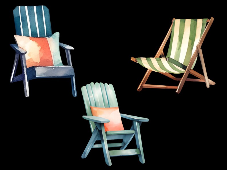 Watercolor Beach Chairs Clipart - 15 PNG Graphics - Sun Chairs ...