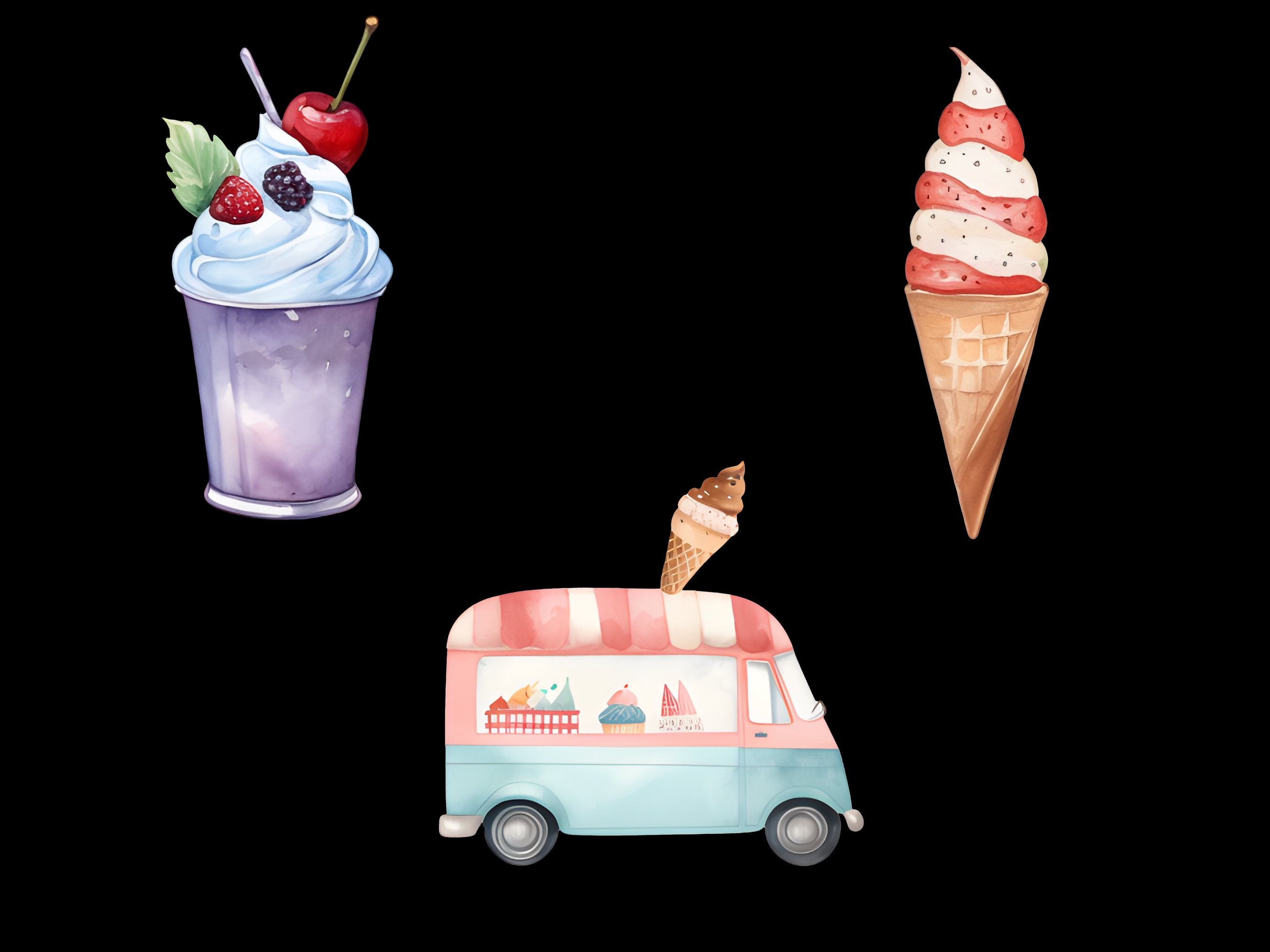 Watercolor Ice Cream Clipart - Cones, Sundaes, Ice Cream Truck - 34 PNG ...