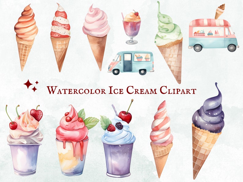 Watercolor Ice Cream Clipart - Cones, Sundaes, Ice Cream Truck - 34 PNG ...