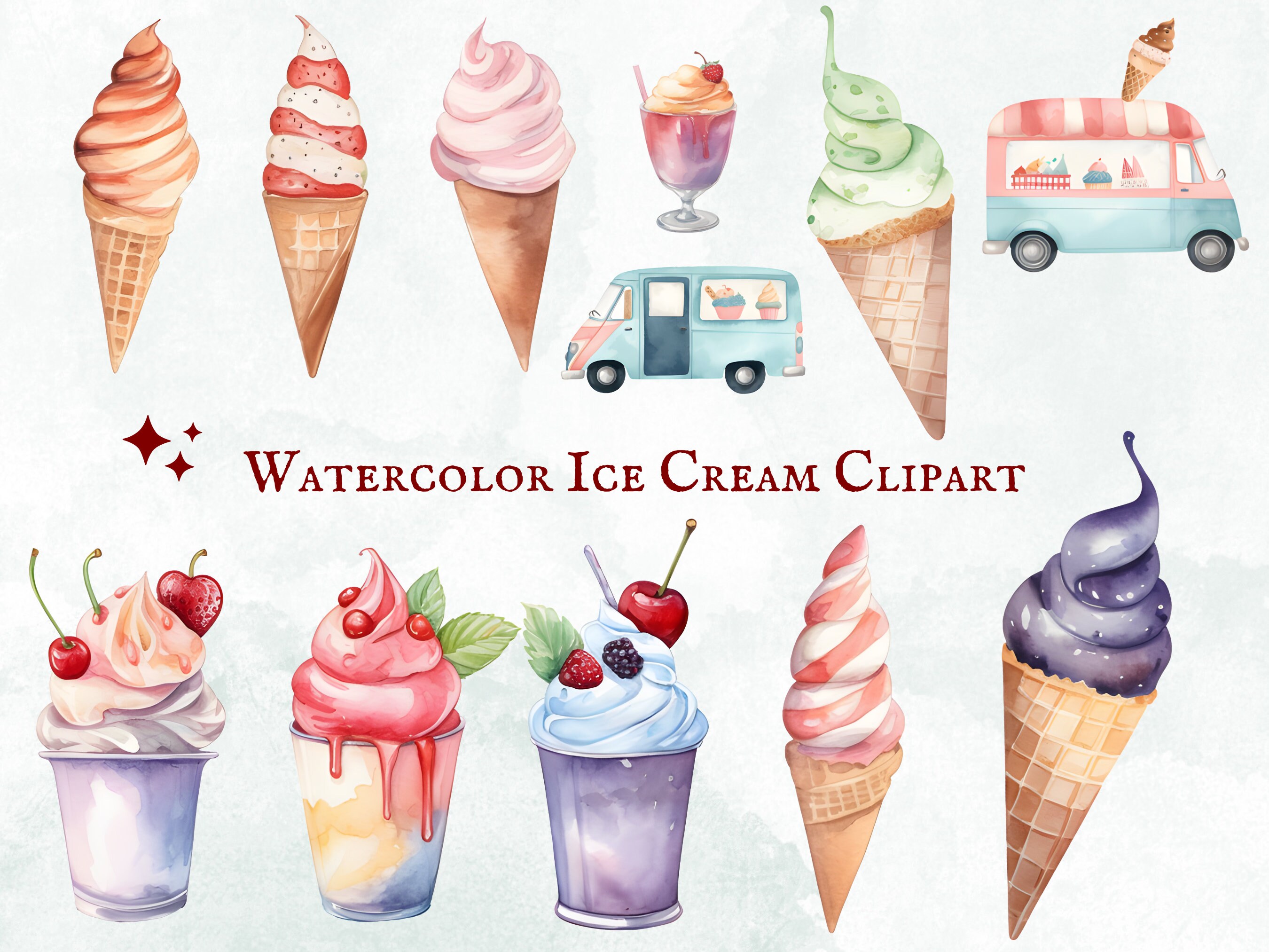 Watercolor Ice Cream Clipart Cones, Sundaes, Ice Cream Truck 34 PNG ...