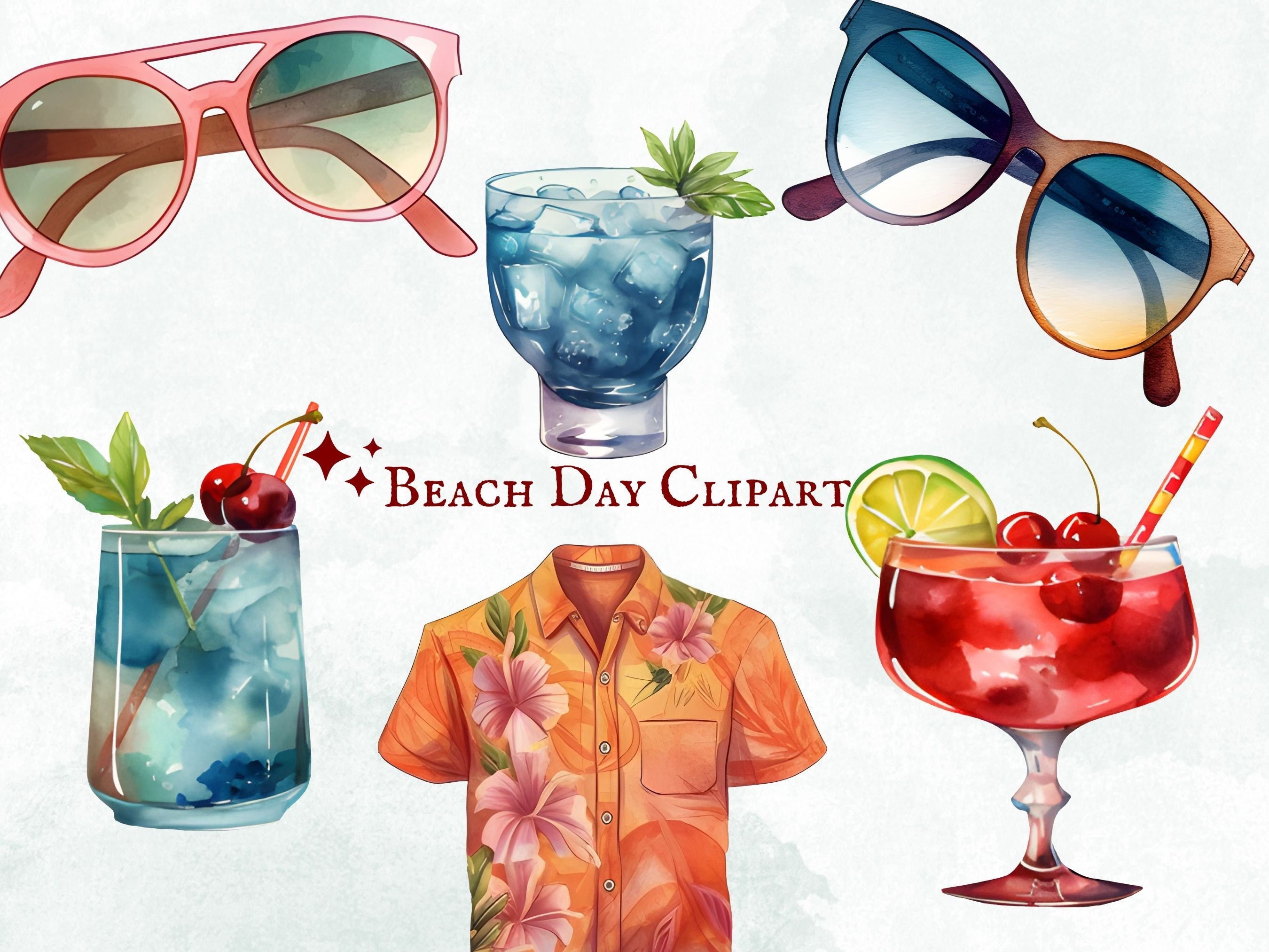 Watercolor Beach Day Clipart - Cocktails, Sunglasses & Hawaiian Shirts ...