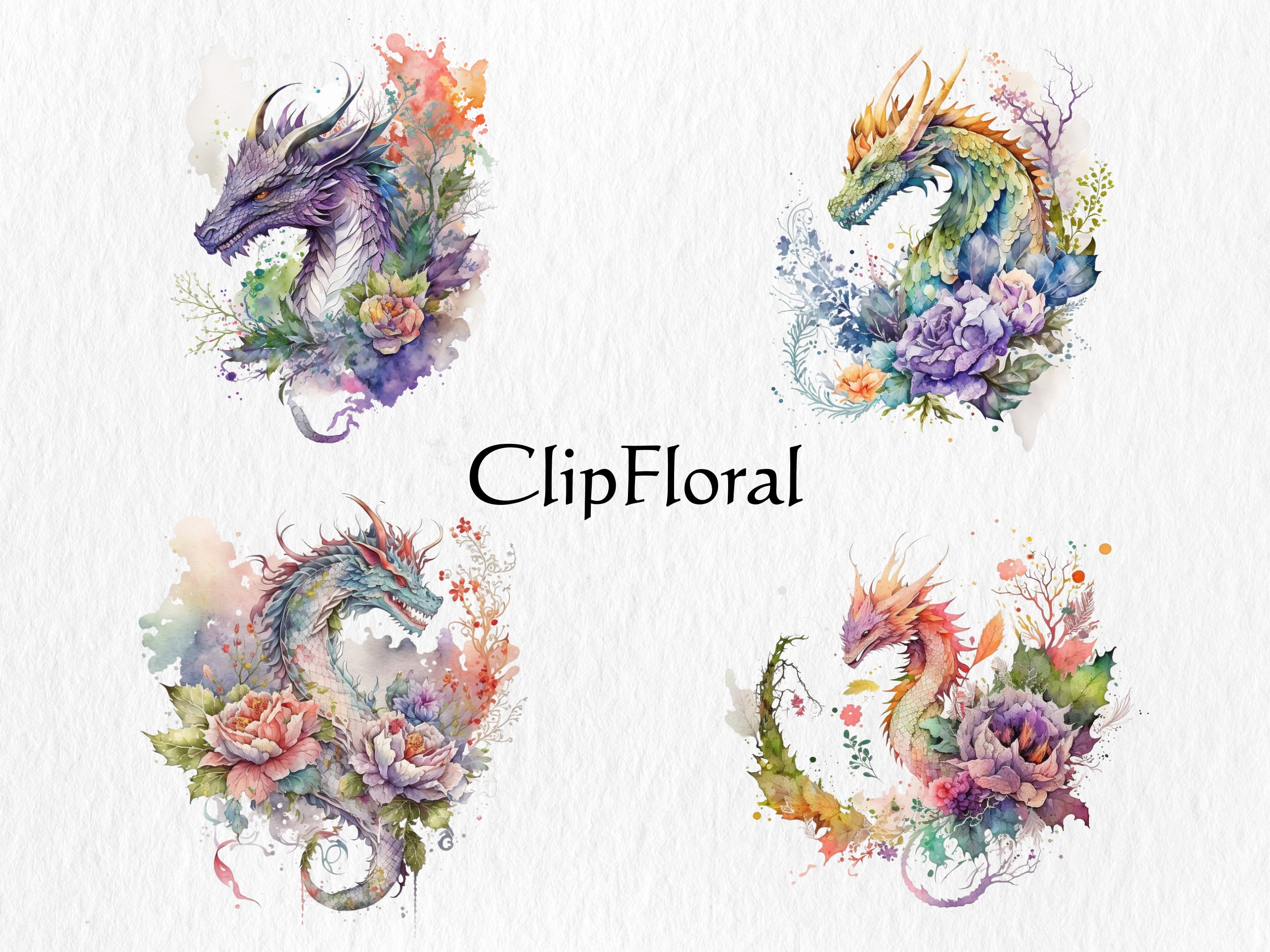 Watercolor Dragon Clipart Bundle – Fantasy PNG Images (digital Download ...