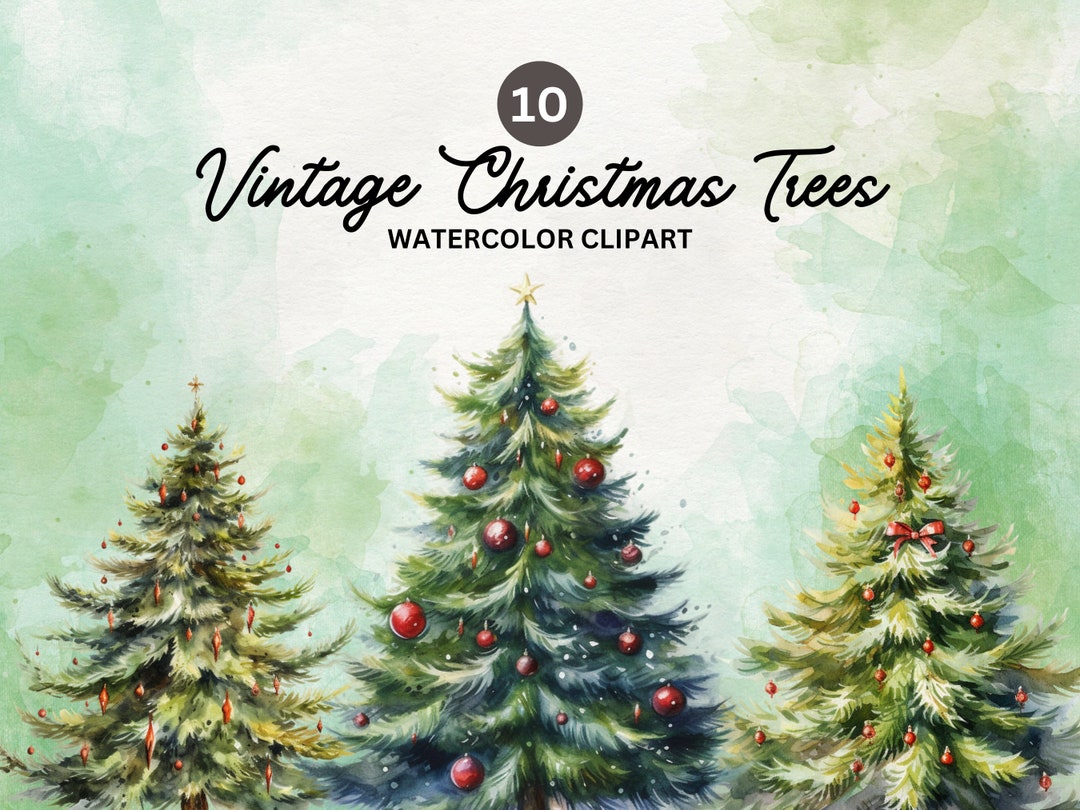 Vintage Christmas Tree Watercolor Clipart: 10 PNG Illustrations ...