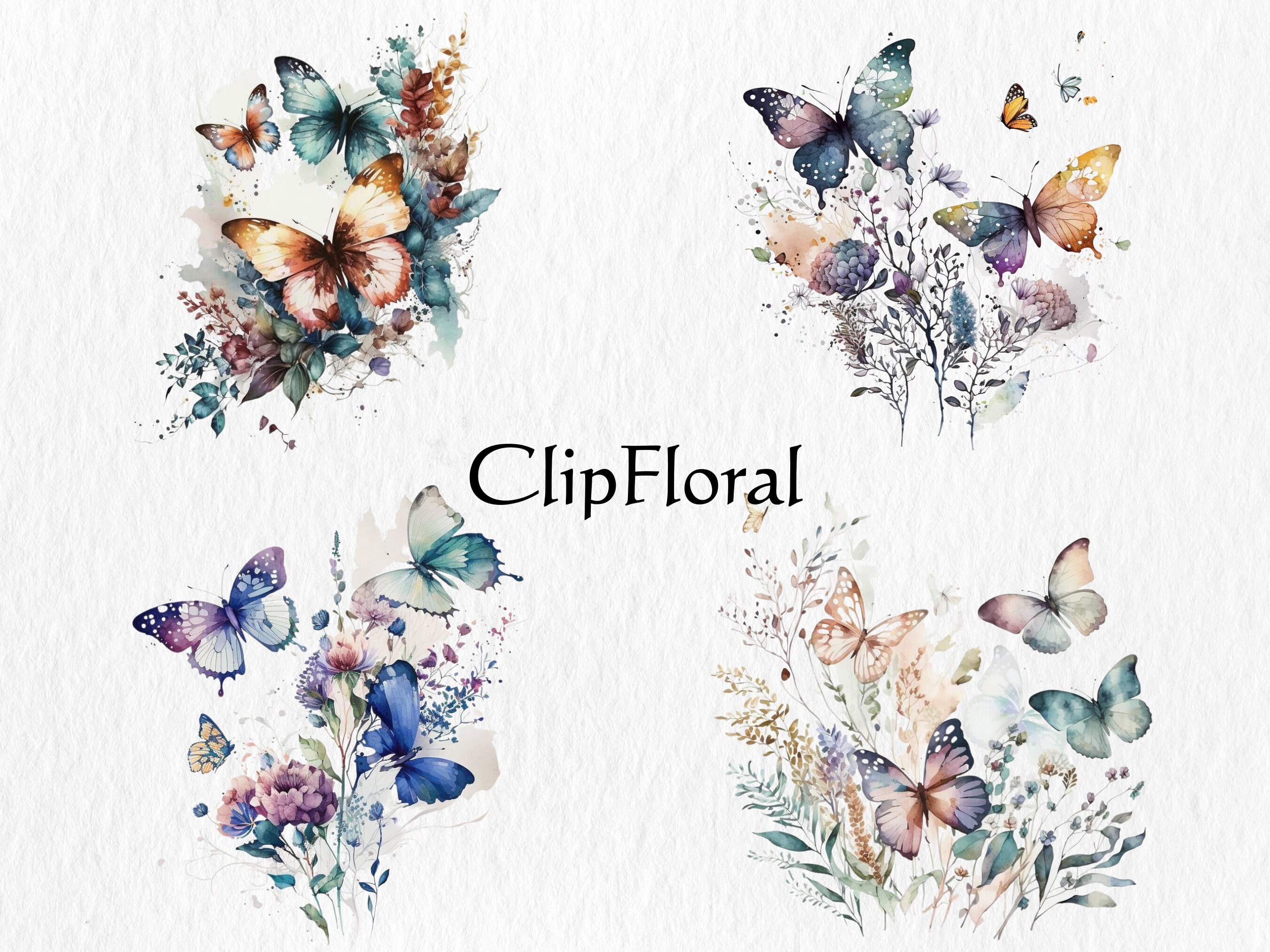 Watercolor Floral Butterflies Clipart – PNG Bundle (digital Download ...