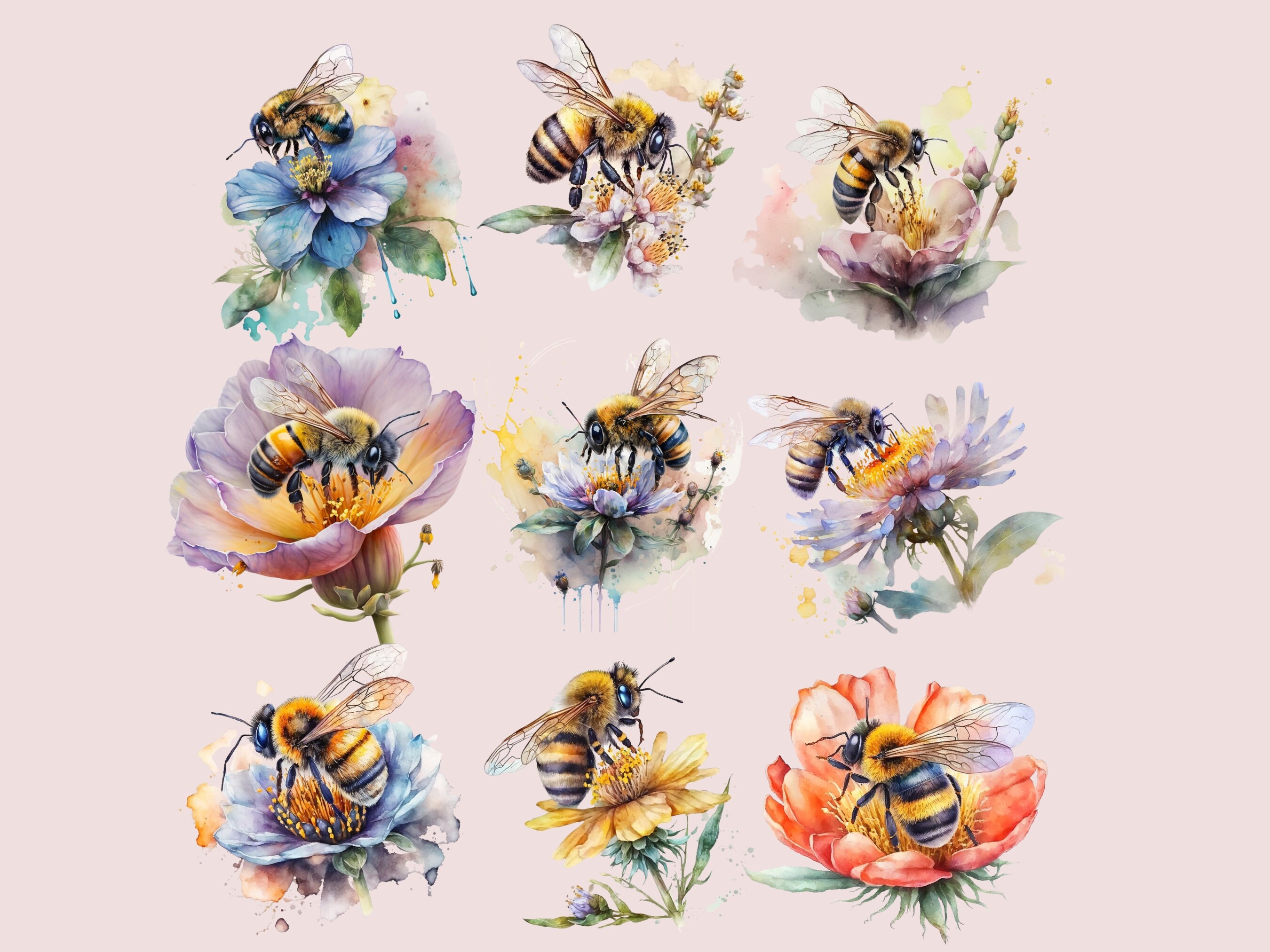 Cute Bee on Flower 14 PNG Watercolor Clipart Cute Baby - Etsy