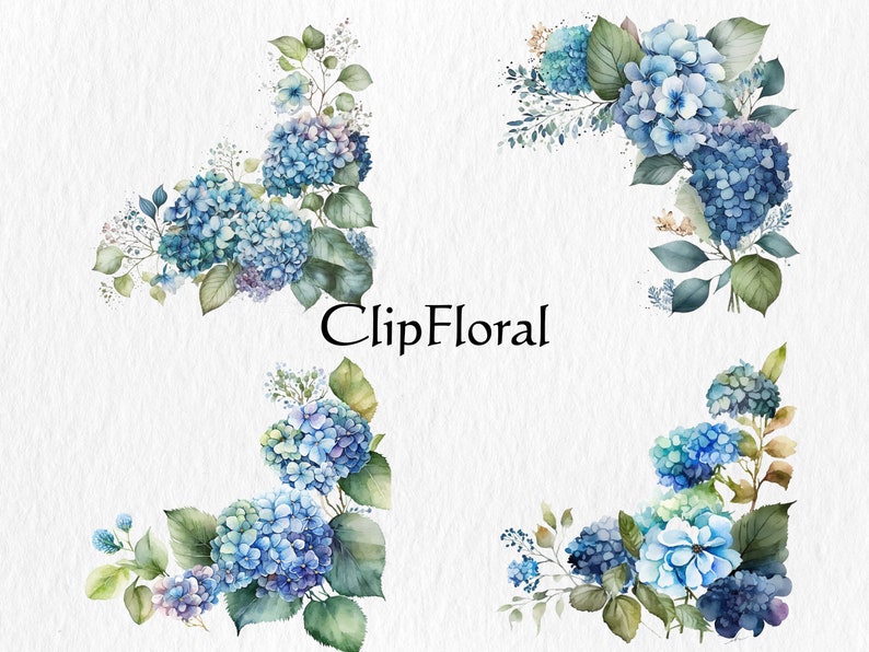 Watercolor Hydrangea Border Clipart Bundle: PNG Floral Design (digital ...