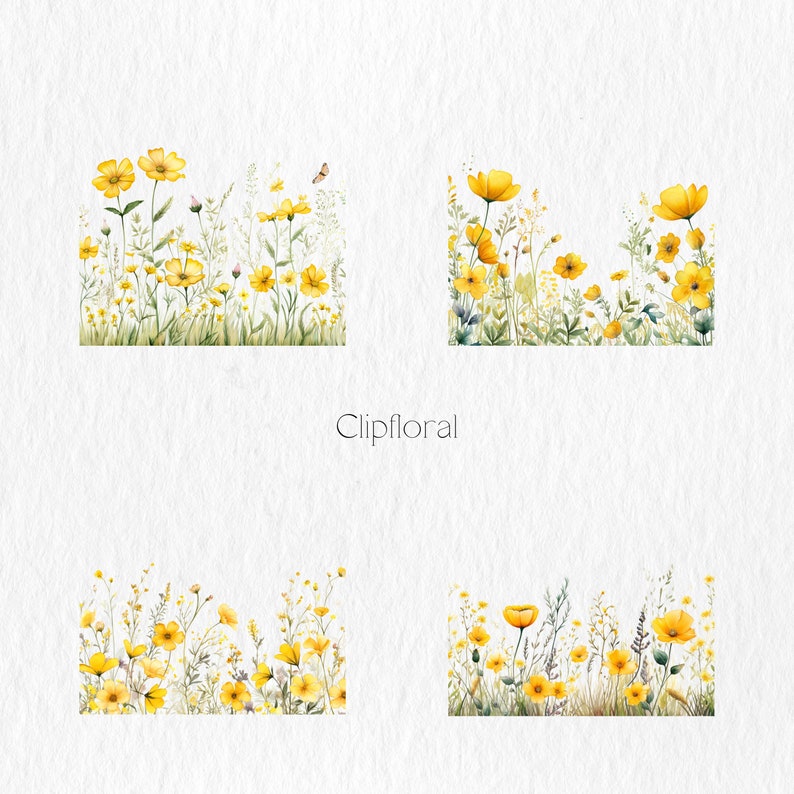 Watercolor Floral Clipart Yellow Meadow Flowers Png Wildflowers Floral Clipart Floral Border Set ...
