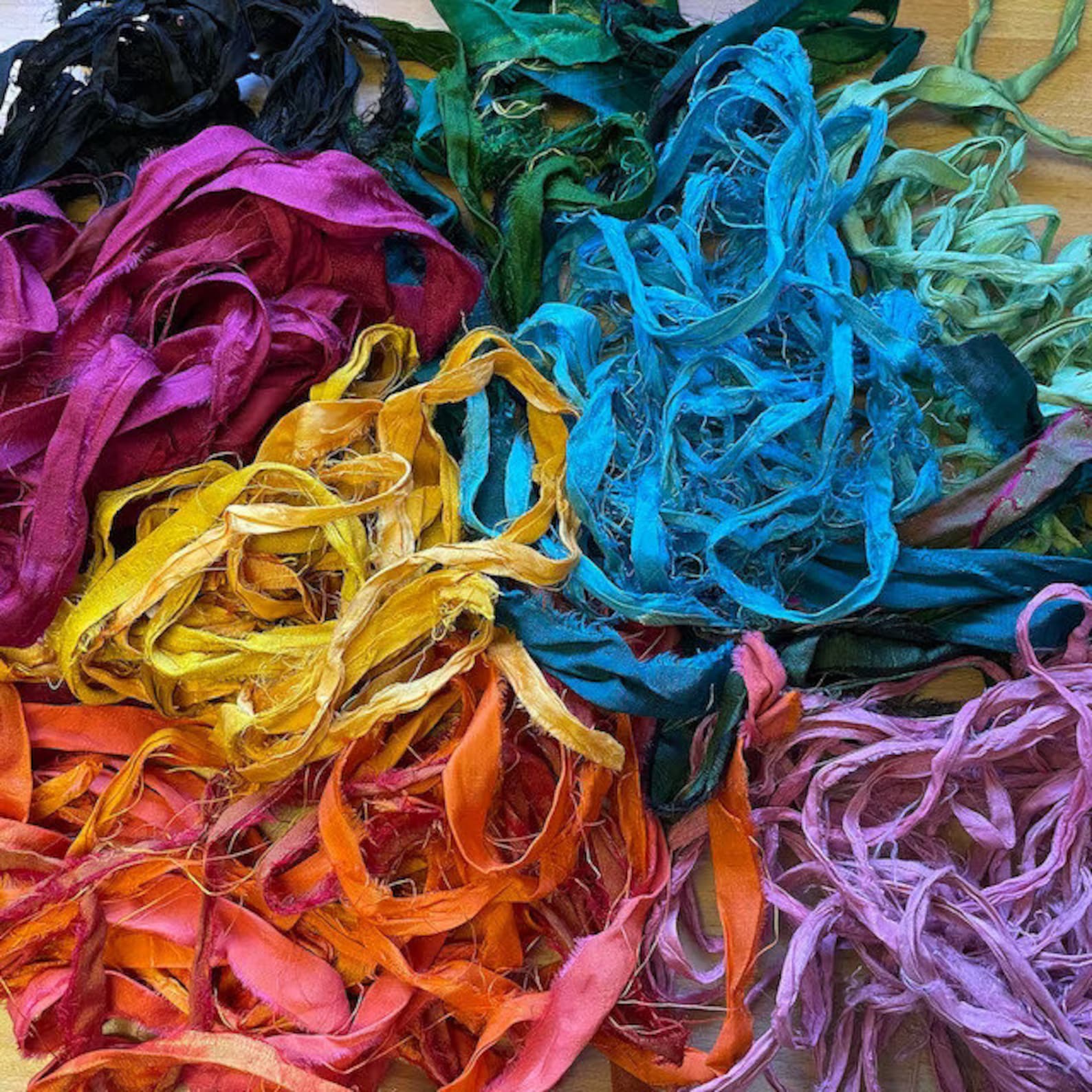 Multi Coloured Strips of Pure Silk Vintage Sari Fabric Remnants Scrap ...