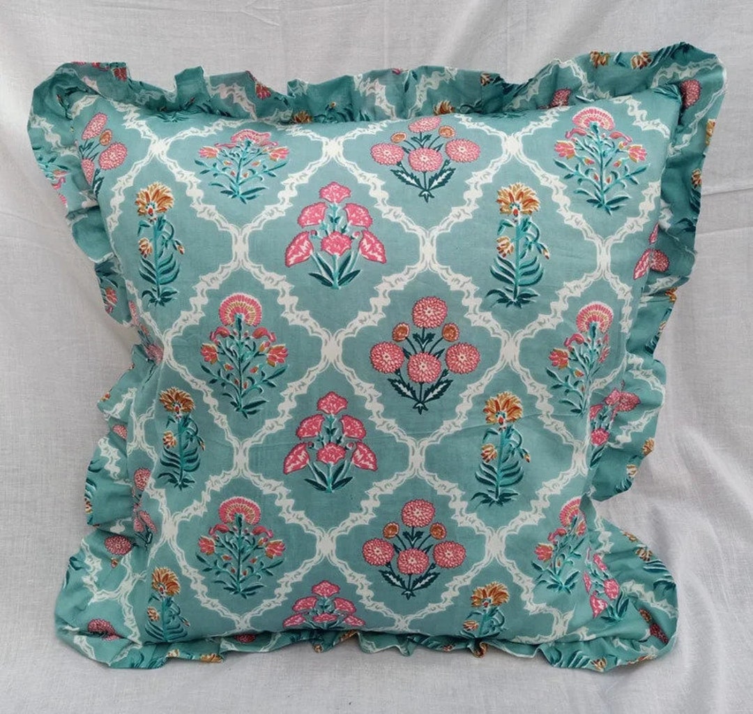 Block Print Boho Cushion Cover With Frill Handmade Cotton Bed Throw ...