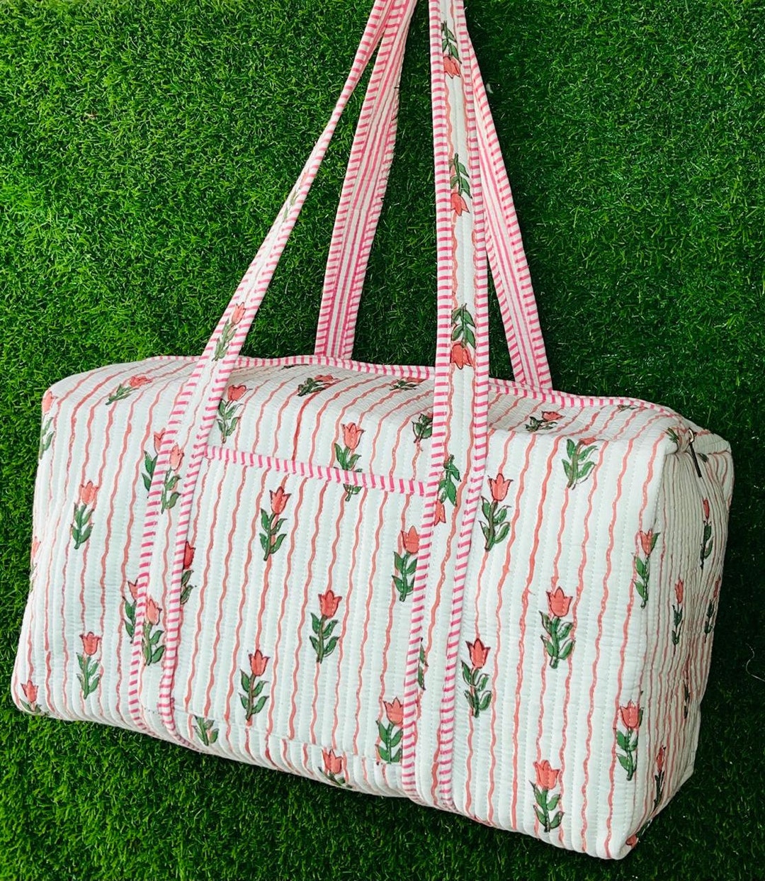 Large Cotton Weekender Travel Bag, Handmade Quilted Fabric Duffle Bag ...