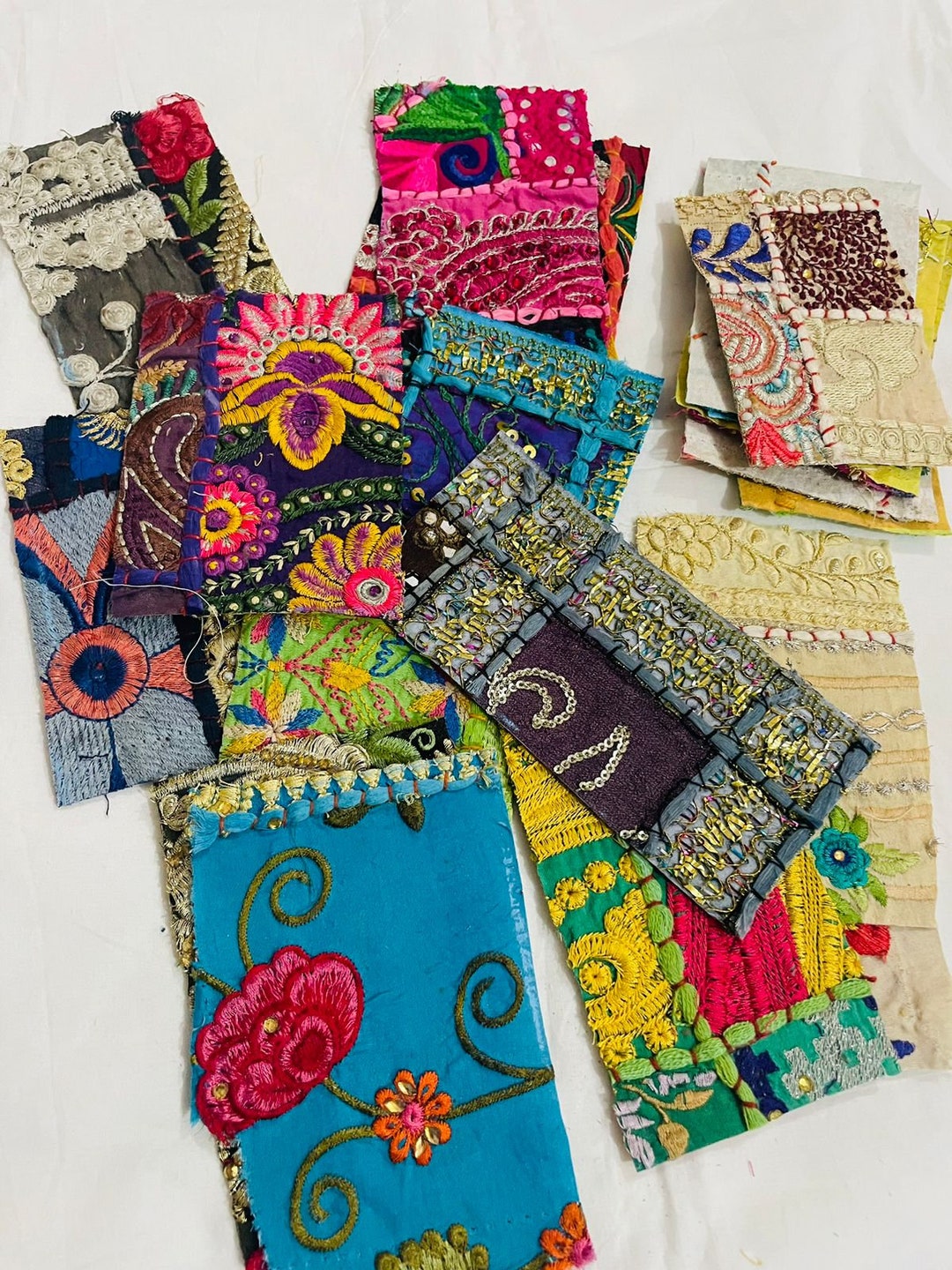 Vintage Embroidered Sari Scraps Bohemian Decorative Swatches Junk ...