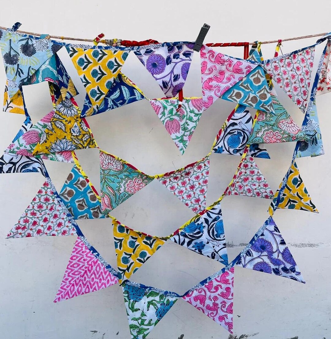 Vintage Colorful Bunting Garland Banner Hand Printed Cotton Bunting ...