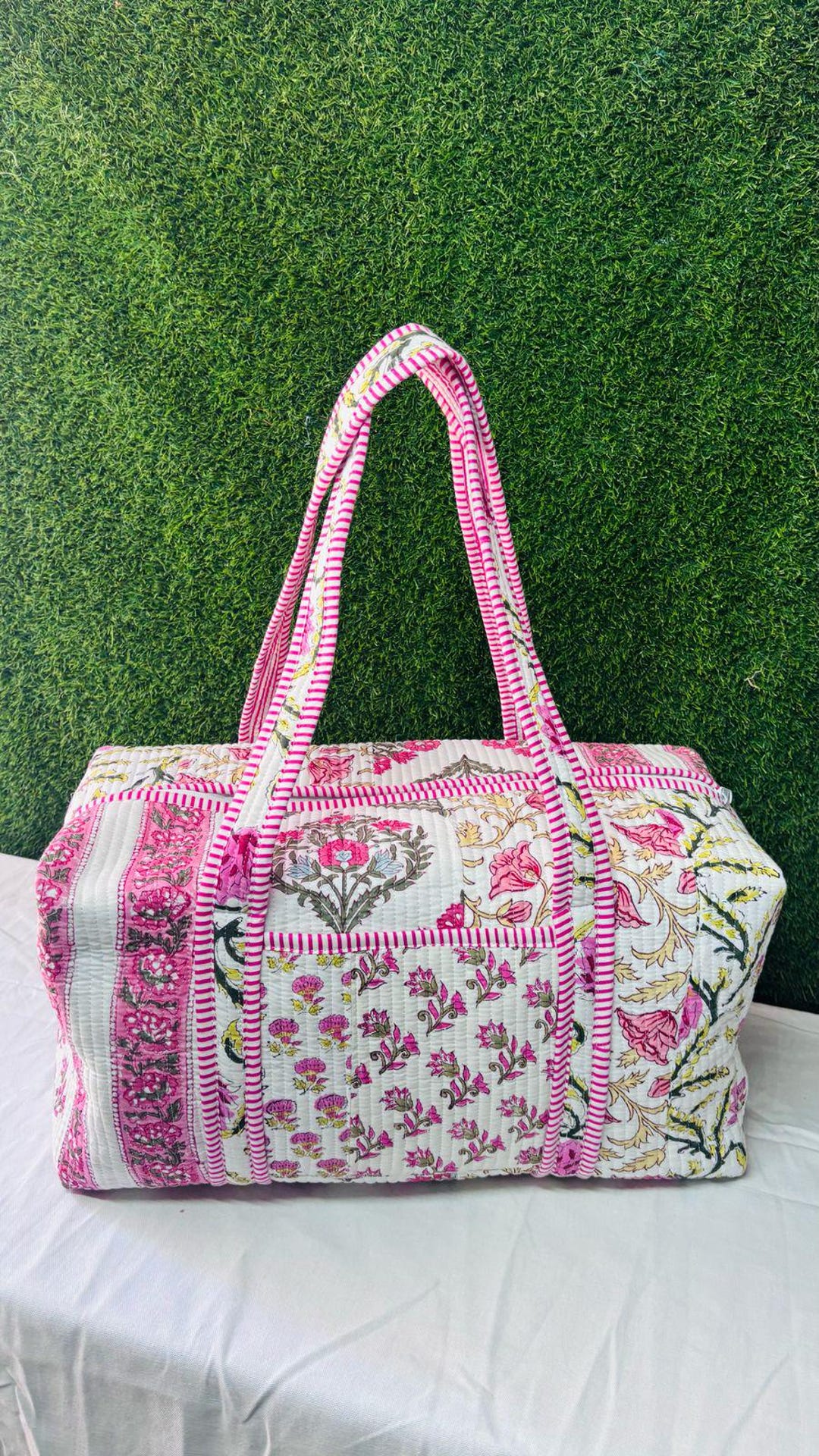 Pink Floral Patches Duffle Bags, Handprinted Weekender Bag, Boho ...