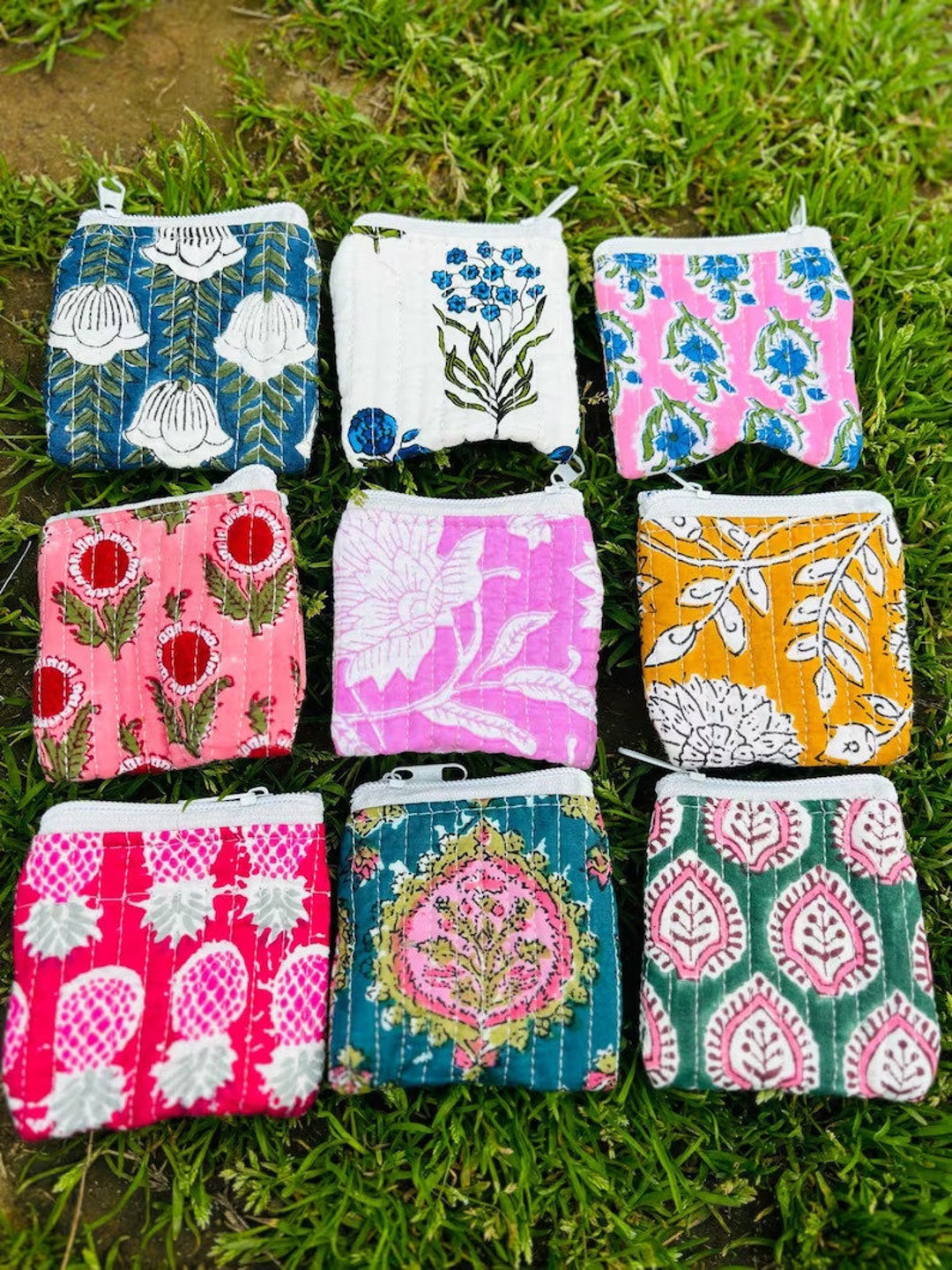 Cotton Quilted Fabric Coin Pouch, Hand Block Print Tiny Wallet, Travel ...