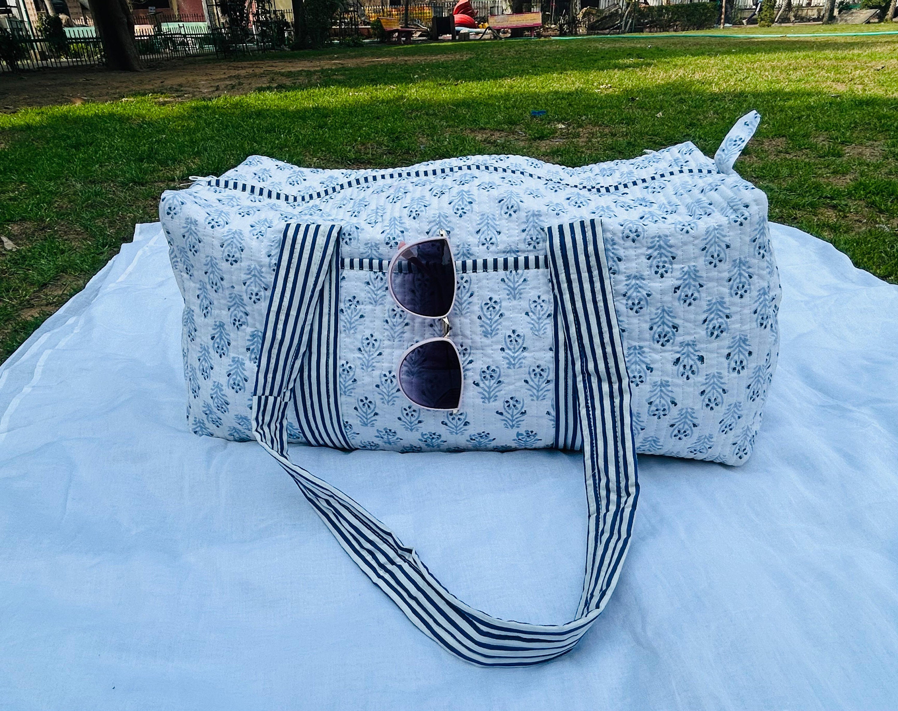 Large Cotton Weekender Travel Bag, Handprint Floral Eco Friendly Duffle ...